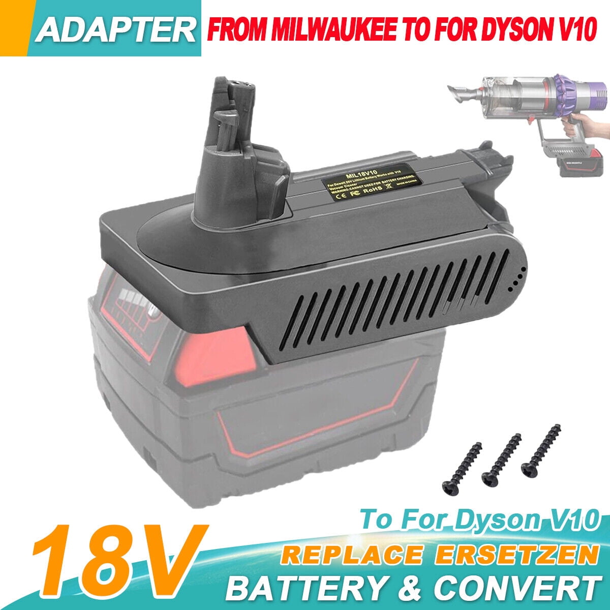 For Dyson V10 Battery Replacement, V10 Adapter for Milwaukee M18 18V Li ...