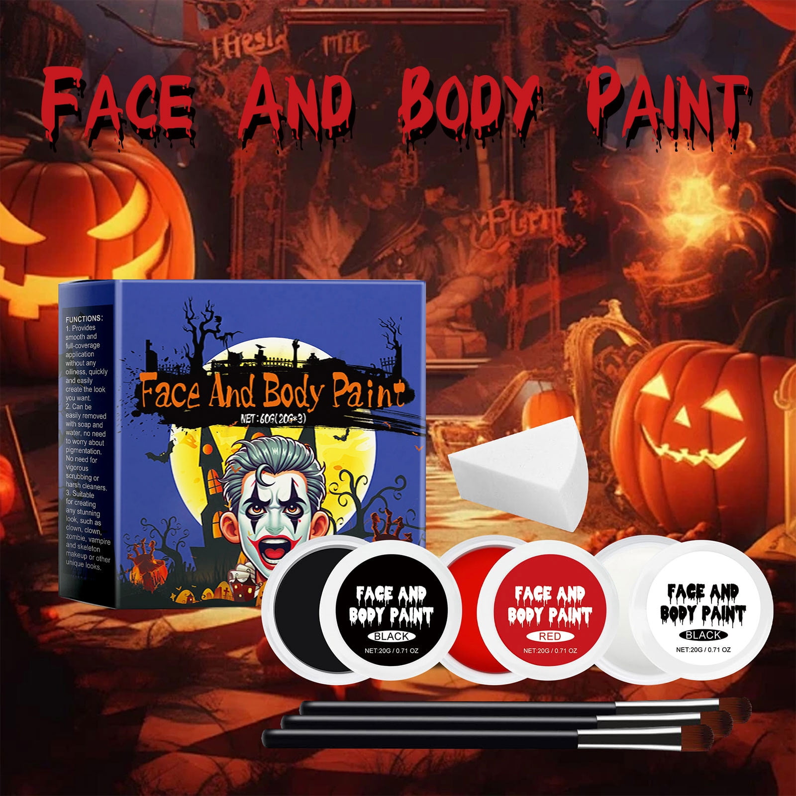 Dyue 7 Set Black White Red Face Body Paint,3 Colors Clown Makeup Kit ...