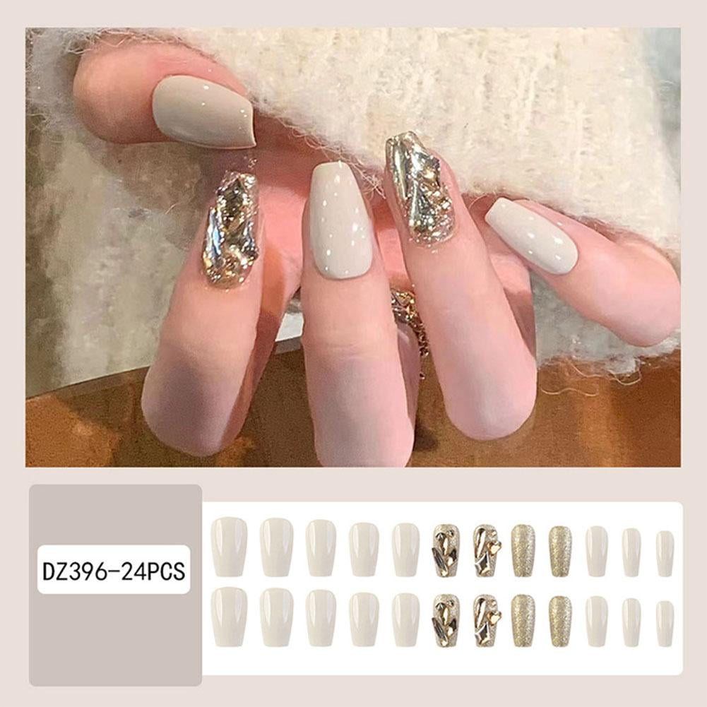 Dz396 Milky White Champagne Diamond Inlaid Nail Pieces Manicure False ...