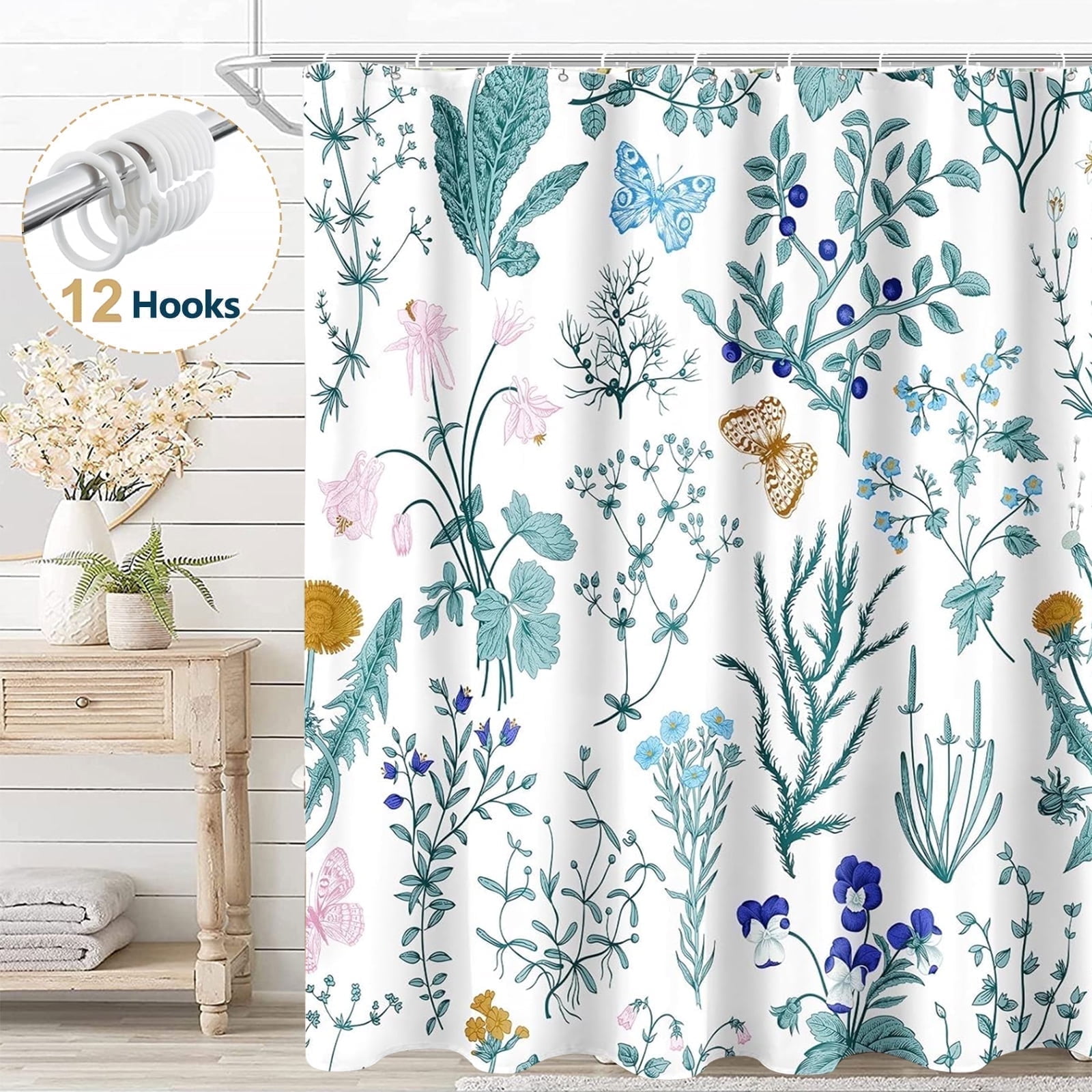 Dznils Blue Floral Fabric Shower Curtain, Waterproof Bathroom Curtain ...