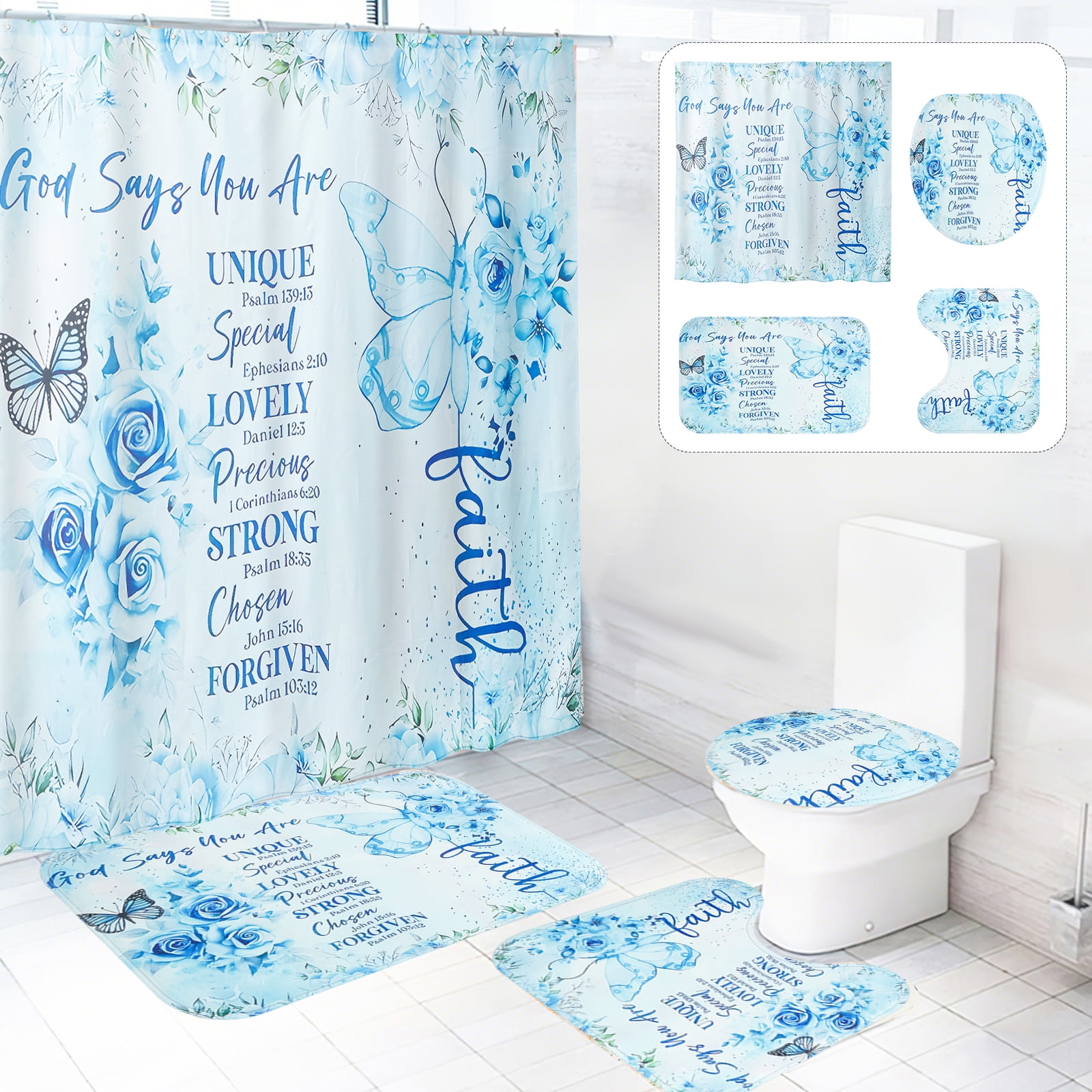 Dznils Blue Floral Shower Curtain Sets with Rugs, 16pc Butterfly ...