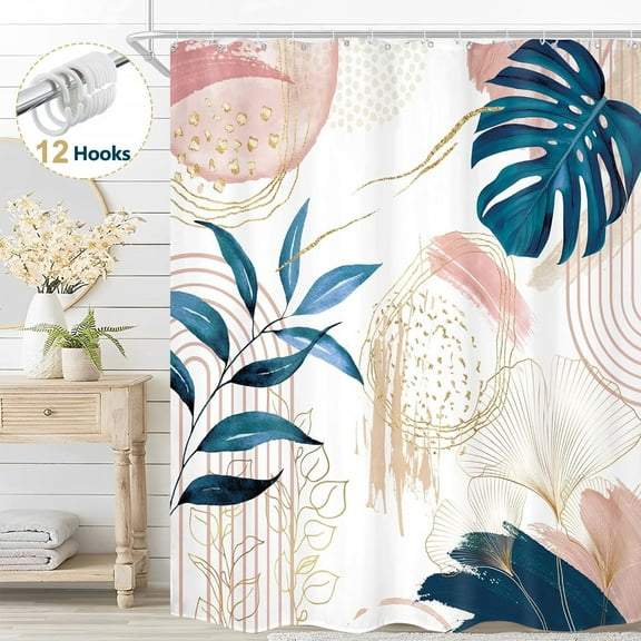 Abstract Mid Century Shower Curtain Boho Geometric Blue Golden Leaves ...