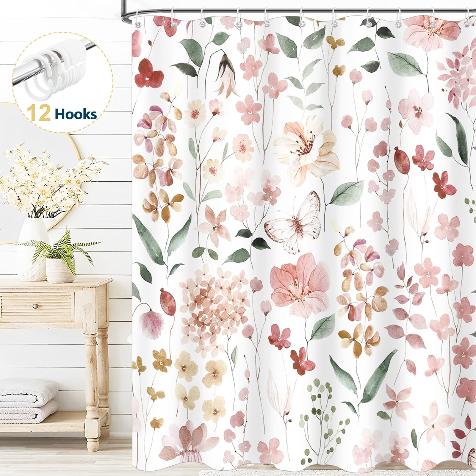 Dznils Floral Shower Curtain with Hooks, Modern Watercolor Fabric ...
