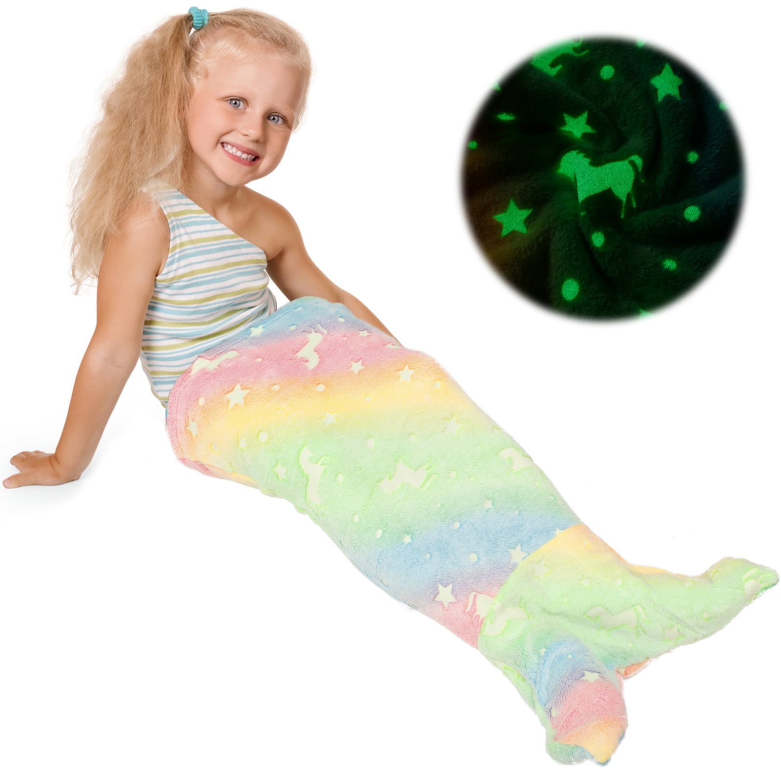 Dznils Glow in The Dark Mermaid Tail Blanket for Kids, Soft Flannel ...