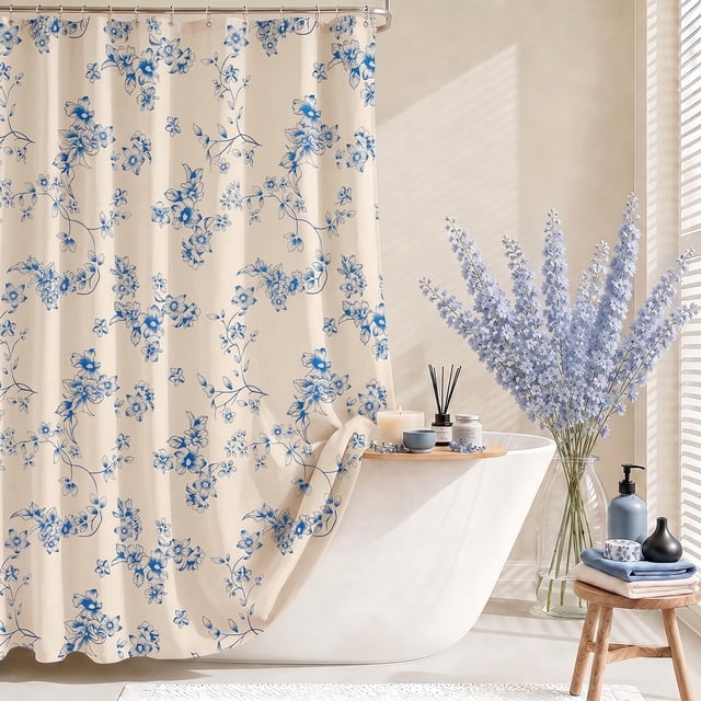 Dznils Linen Blend Shower Curtain, Farmhouse Bathroom Floral Shower ...