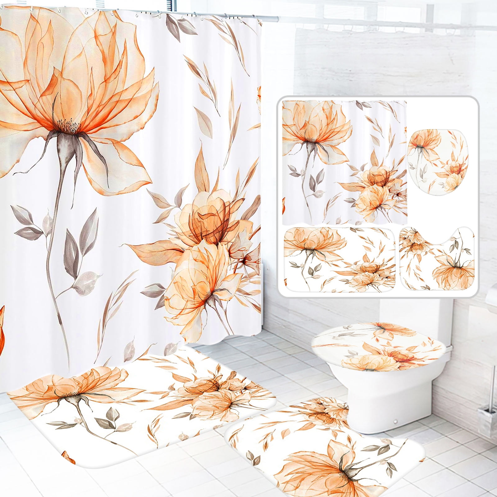 Dznils Orange Floral Shower Curtain Sets with Rugs, 16pc Watercolor ...