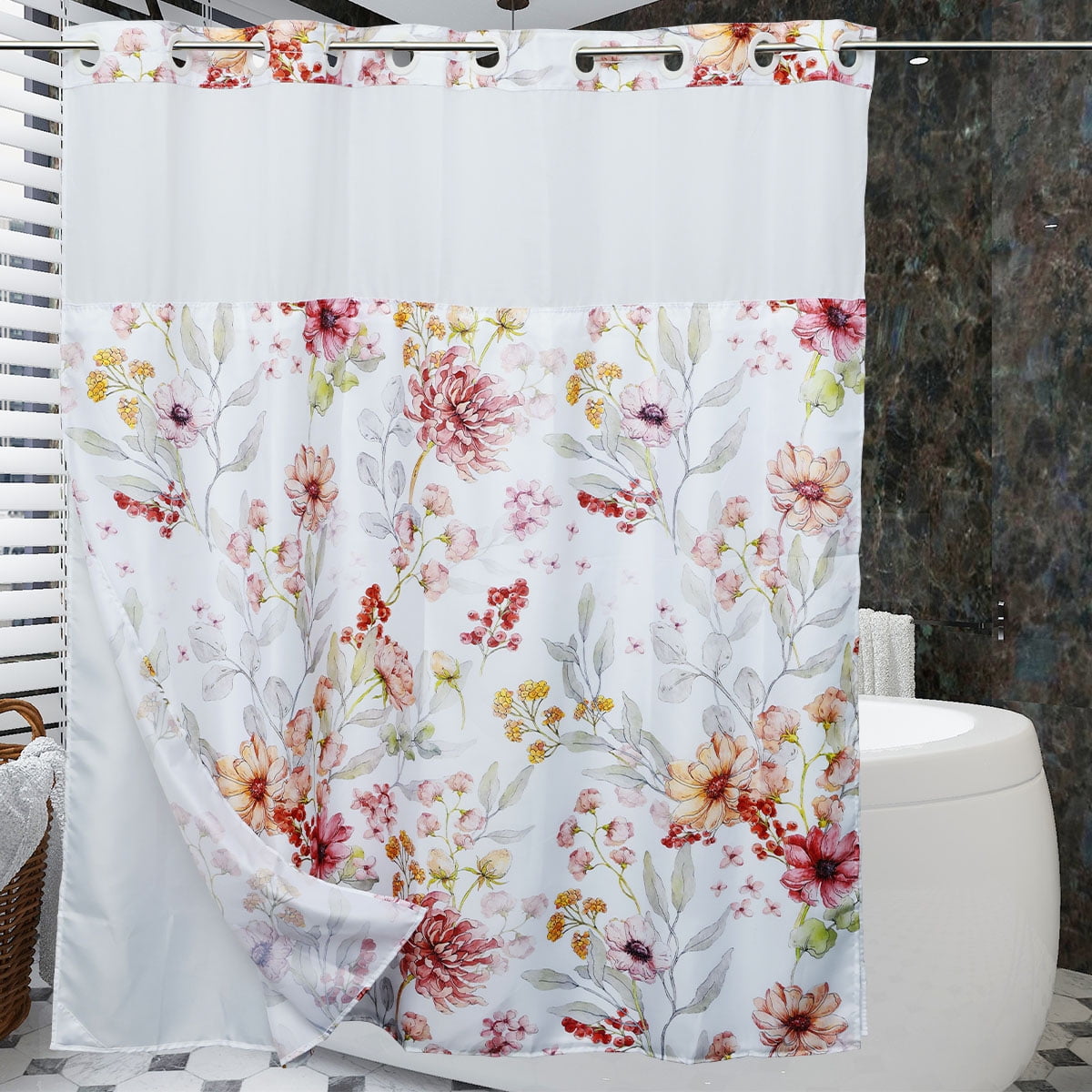 Dznils White Hookless Fabric Shower Curtain with Snap-in Liner, 72" x ...