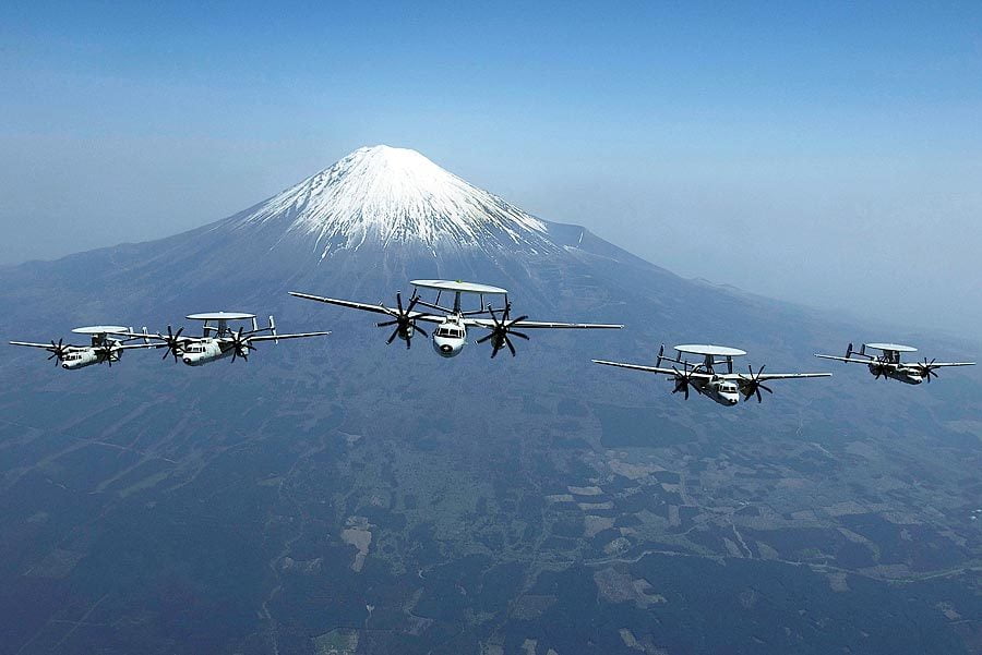 E-2C Hawkeyes in Formation Mount Fuji Japan Style - B - 12x18 Inch ...