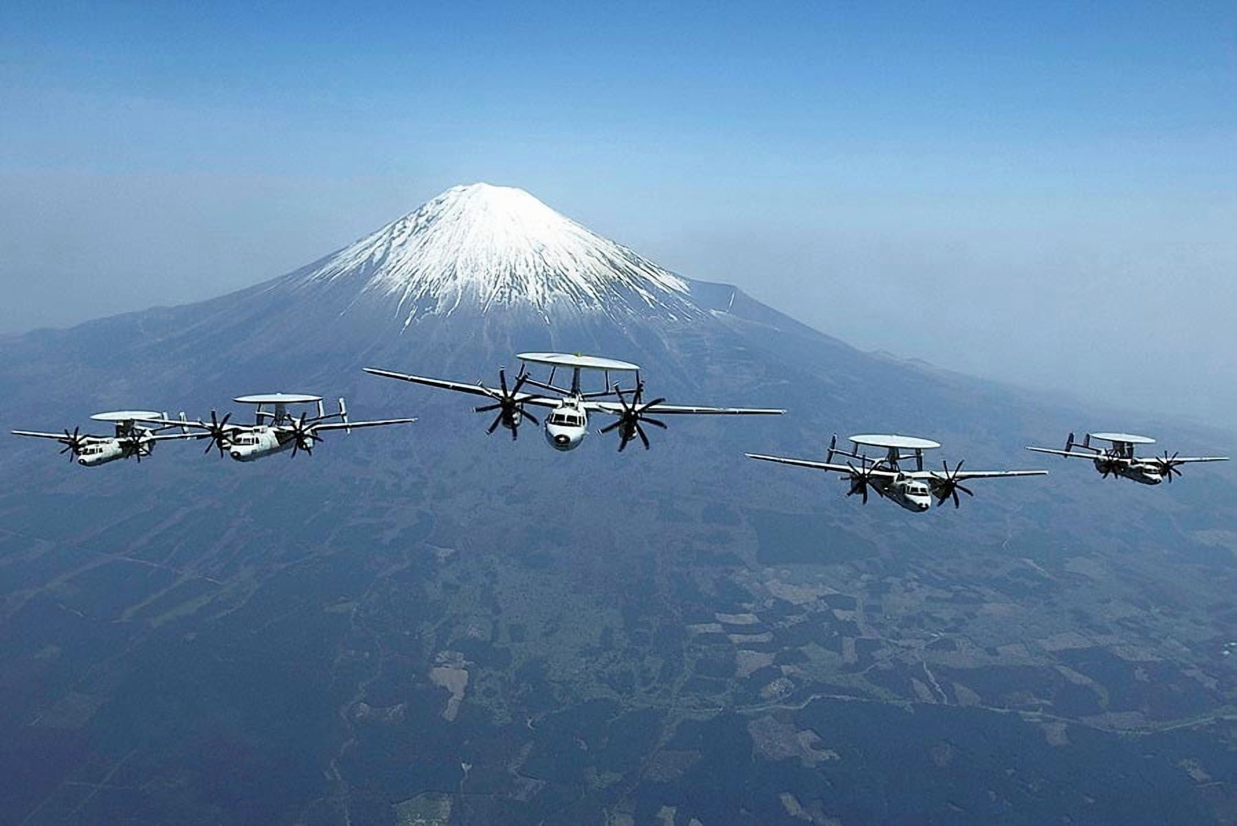 E-2C Hawkeyes in Formation Mount Fuji Japan - 24x36 Inch Laminated ...