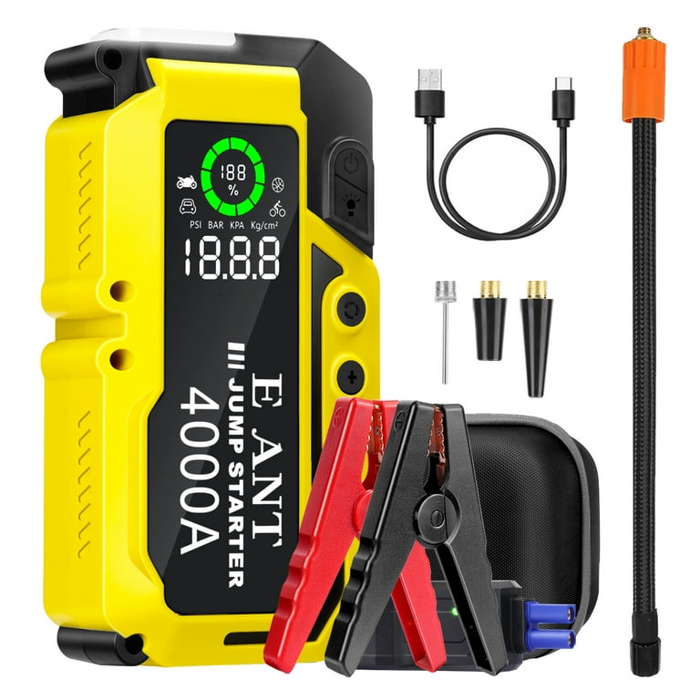 Car Jump Starter with Air Compressor 10L Gas 8L Diesel 4000A Peak 12v Auto Battery Jump Pack Power Bank USB QC3.0 Outputs Portable Battery Booster