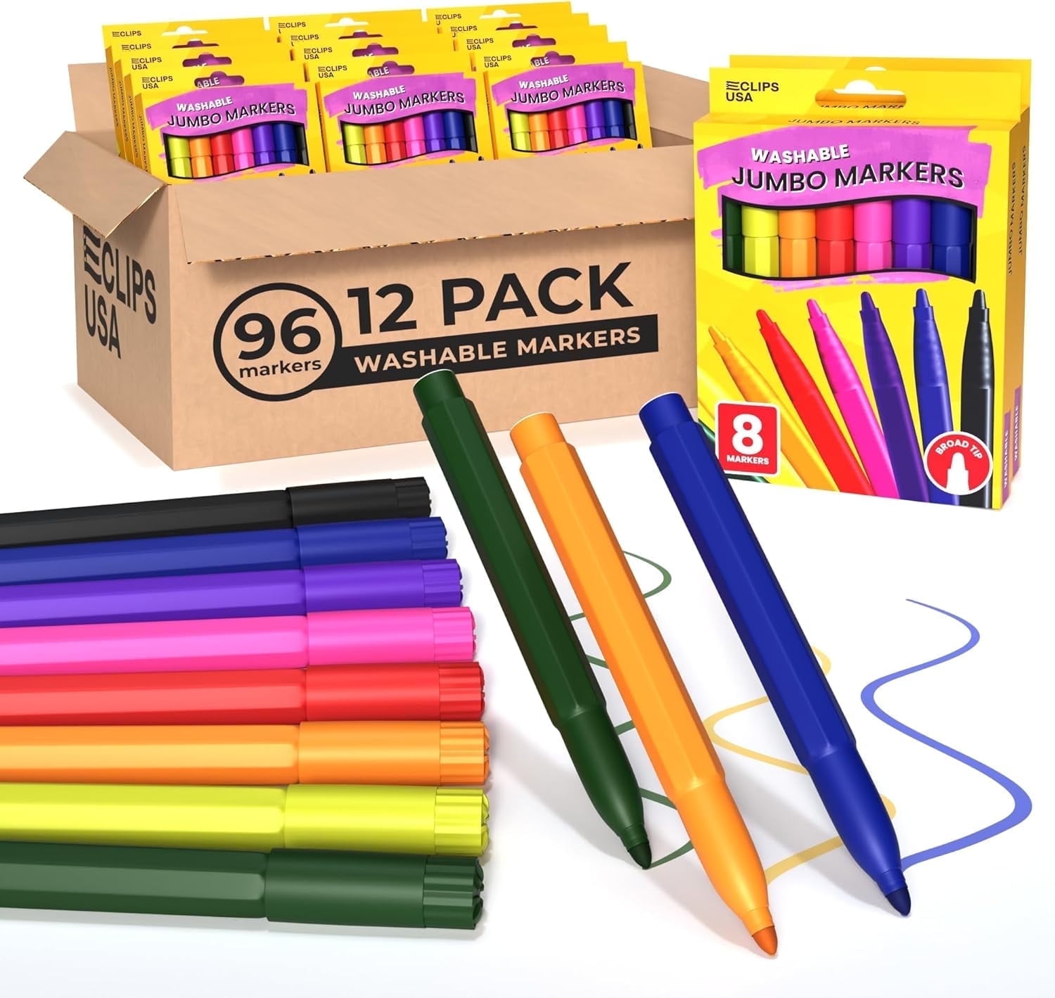E-CLIPS USA 8-Piece Washable Markers Multicolor Jumbo Markers for Arts and Crafts, Broad Tip ...