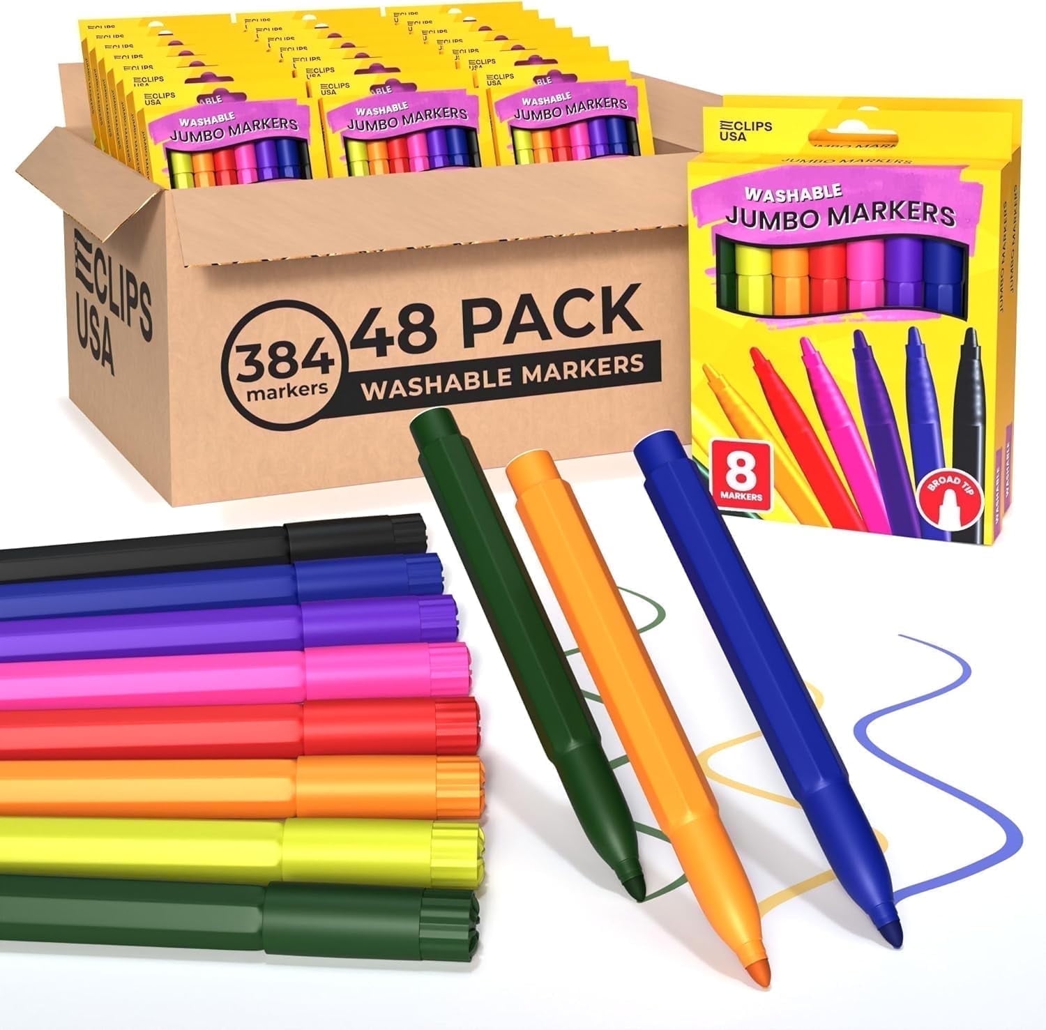 E-CLIPS USA 8-Piece Washable Markers, Multicolor Jumbo Markers for Arts ...