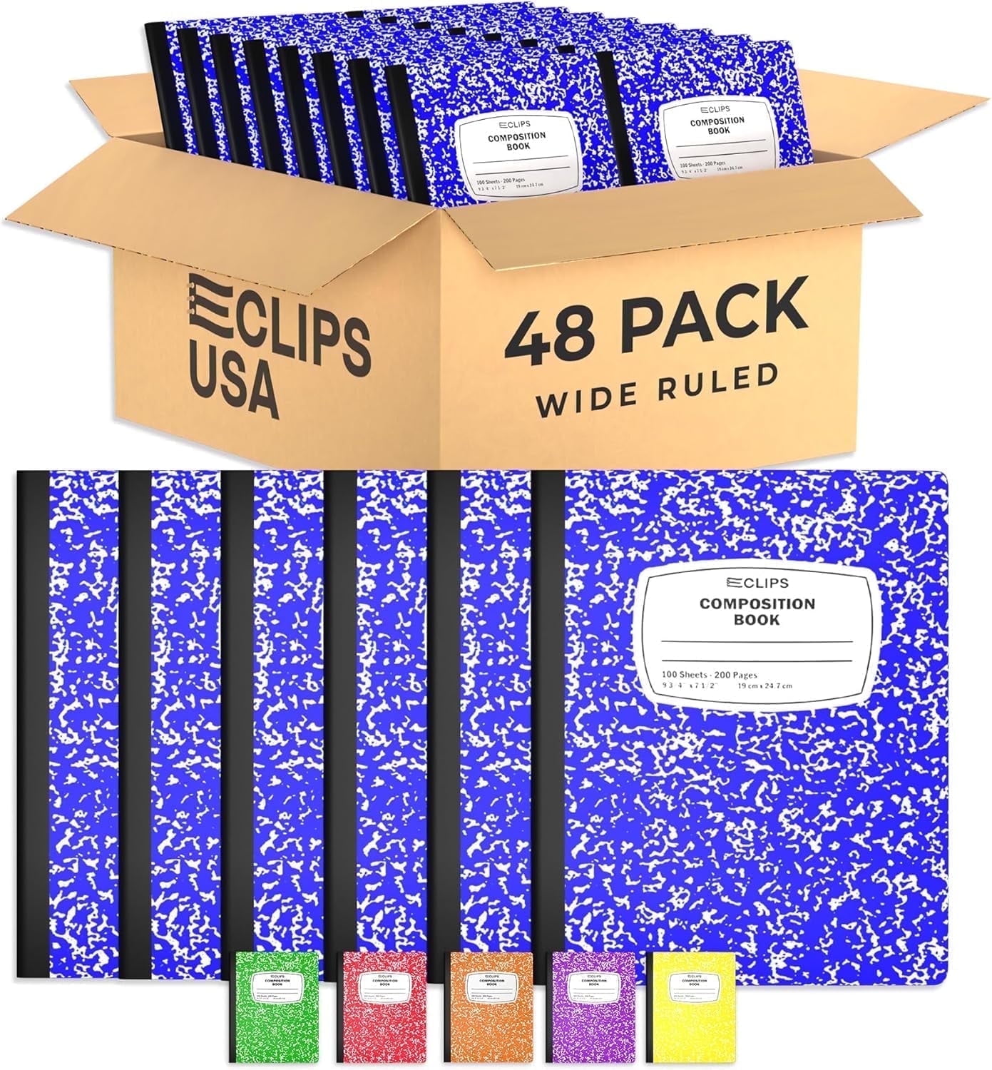 E-Clips USA 100-Sheet Wide-Ruled Hard Cover Composition Notebooks, Blue ...