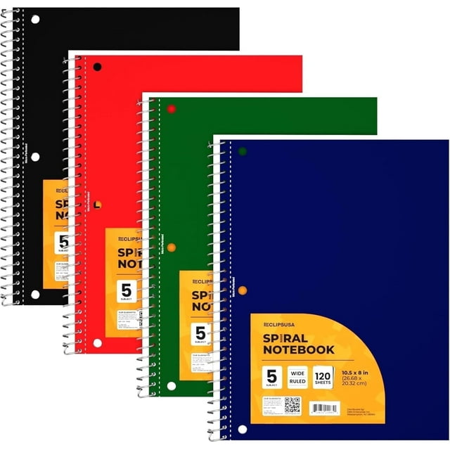 E-Clips USA 150-Sheet 5-Subject Wide Ruled Spiral Notebook with 2 ...
