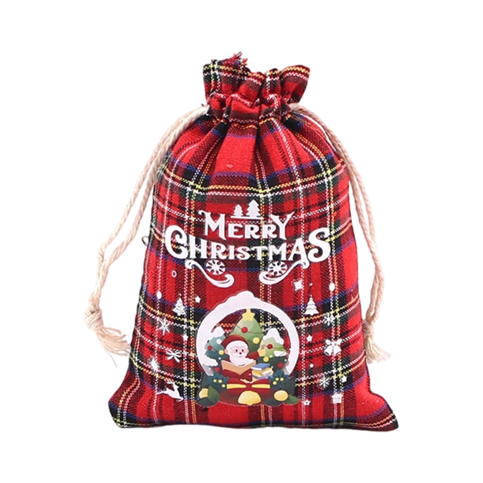E Christmas Red Plaid Cotton Drawstring Gift Bag Reusable Treat Pouch ...
