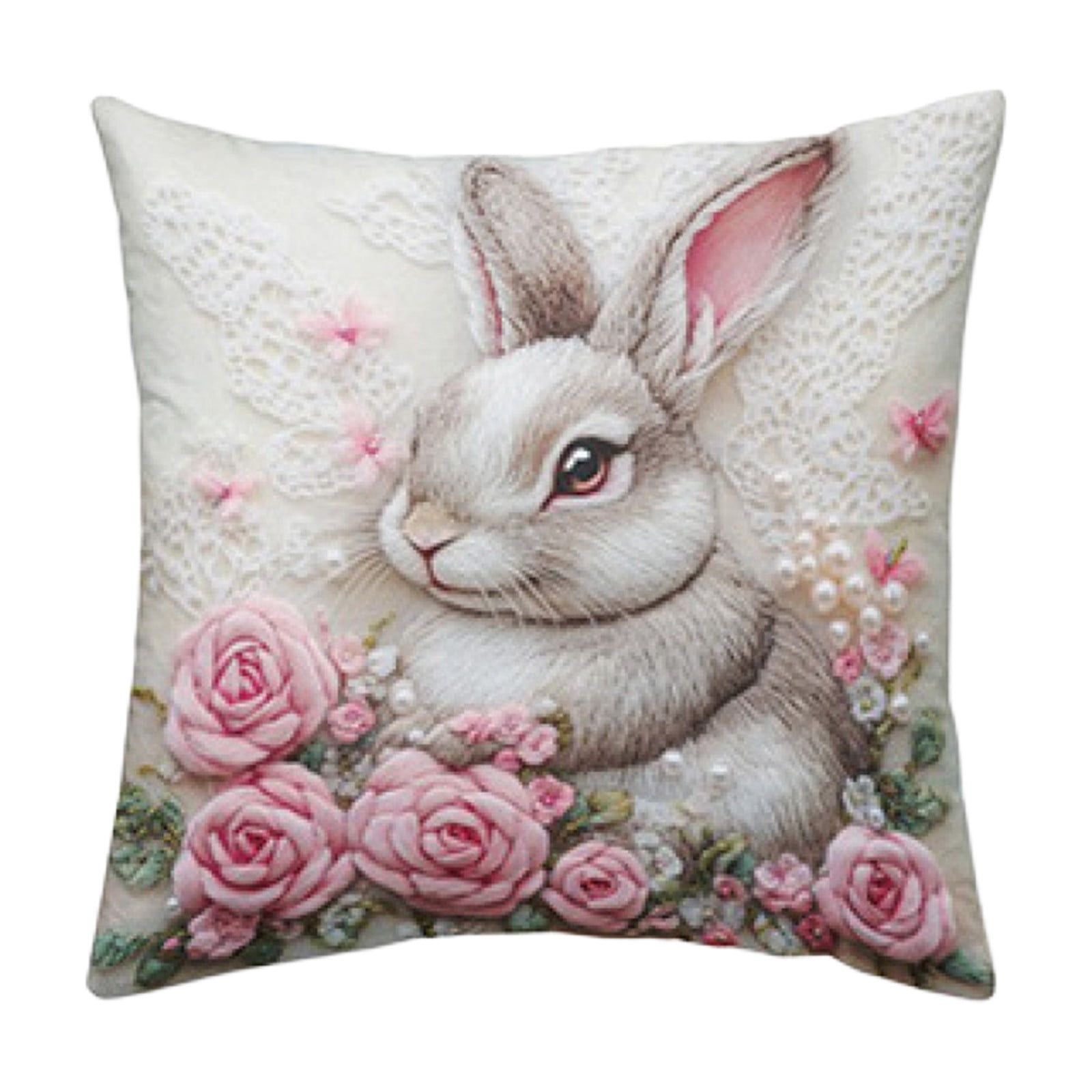E Faux Embroidered Easter Pillow Cover, Cute Rabbit Patterns With Pearl ...