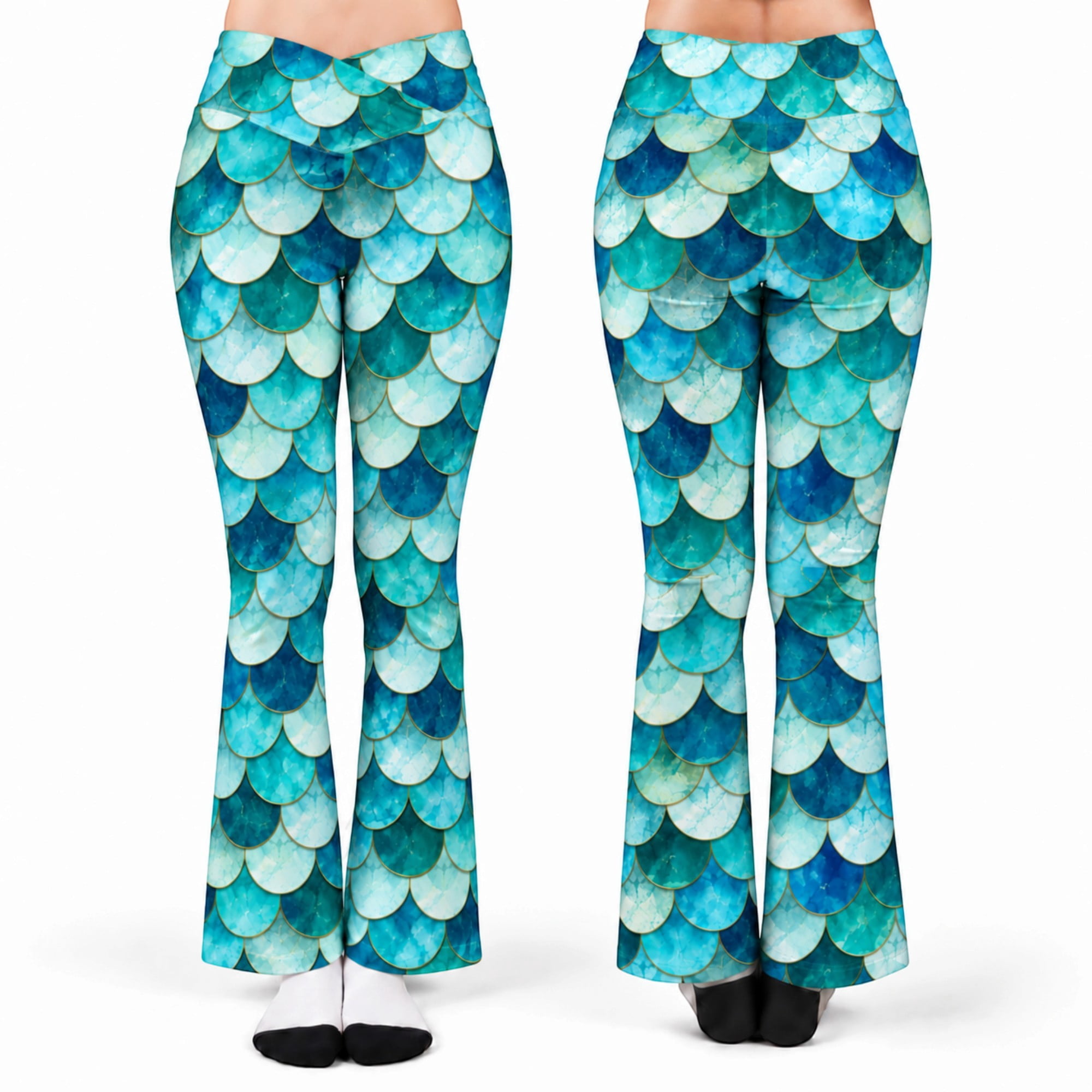 E-Macom LLC Turquoise Mermaid Scale Print Flare Leggings, Blue White ...