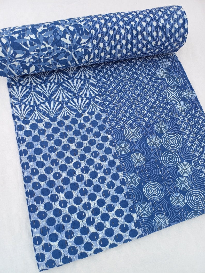 A And E Textiles House Indian Blue Floral Kantha Bedding Hand Block ...