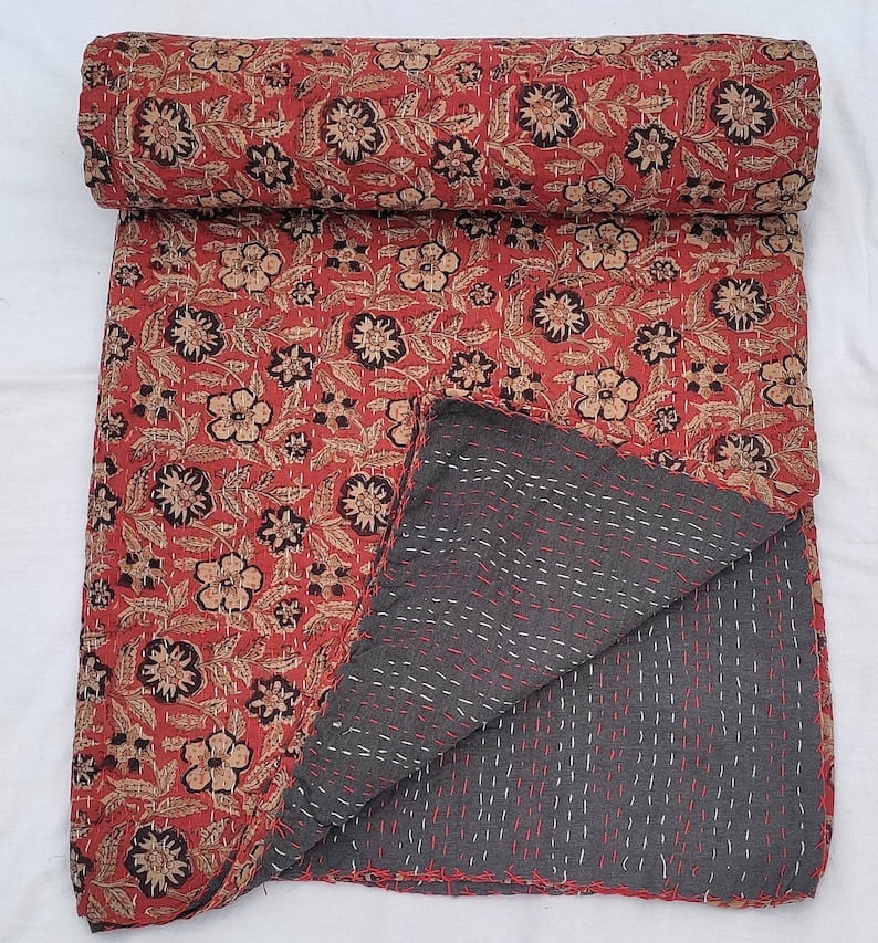 A And E Textiles House Premium Red Floral Hand block Print Kantha Quilt ...