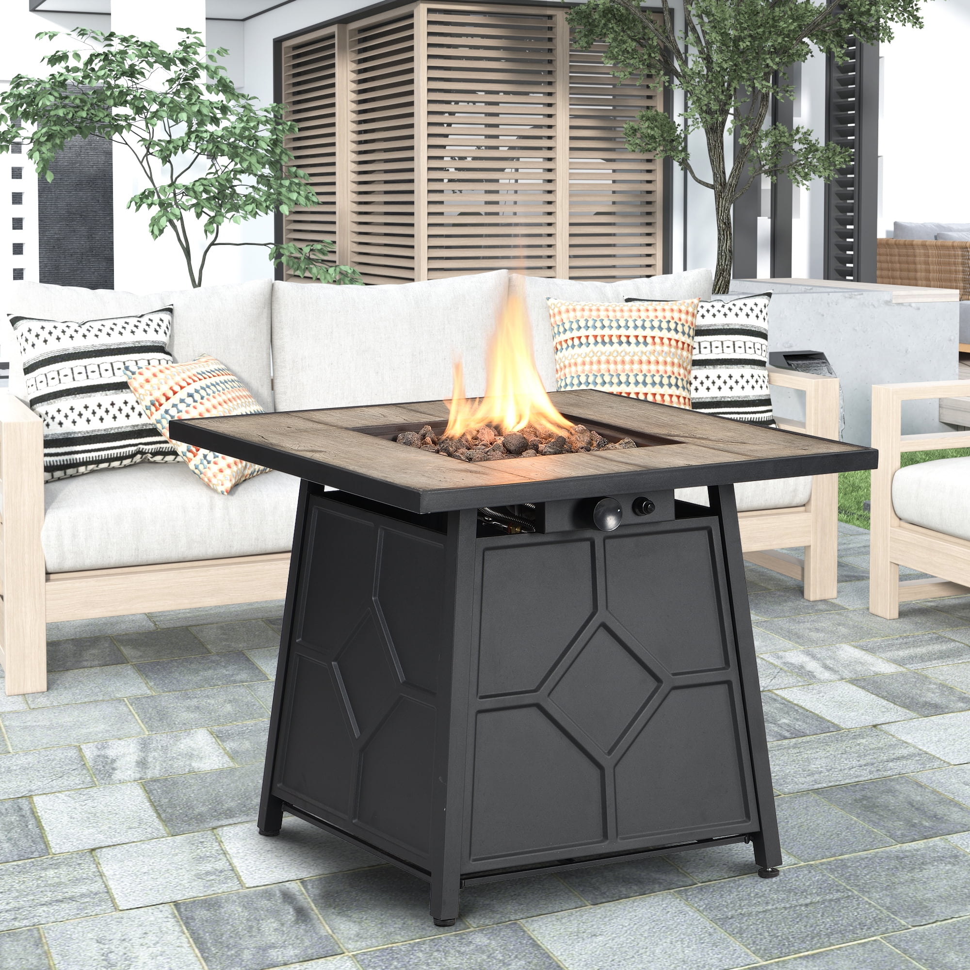 E-Western Fire Pit Table 28-inch Square 40000 BTU Propane Gas with Auto ...