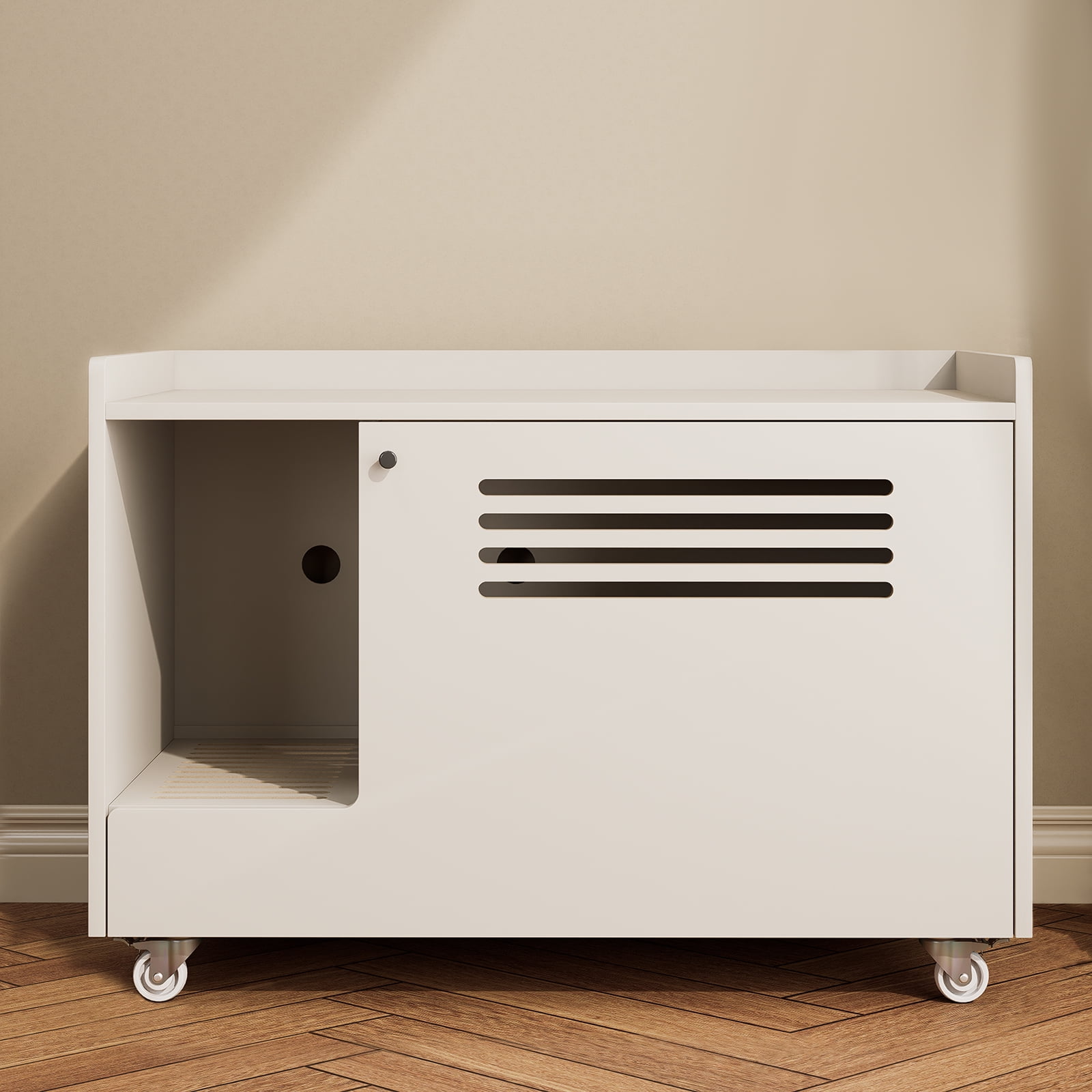 E-Western White Cat Litter Box Enclosure with Top Fence, Wooden Pet ...