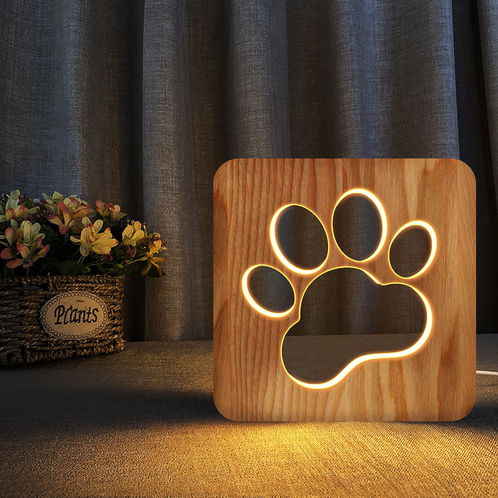 E Wooden Cat Paw Print Led Night Light Usb Powered Desktop Lamp Warm ...