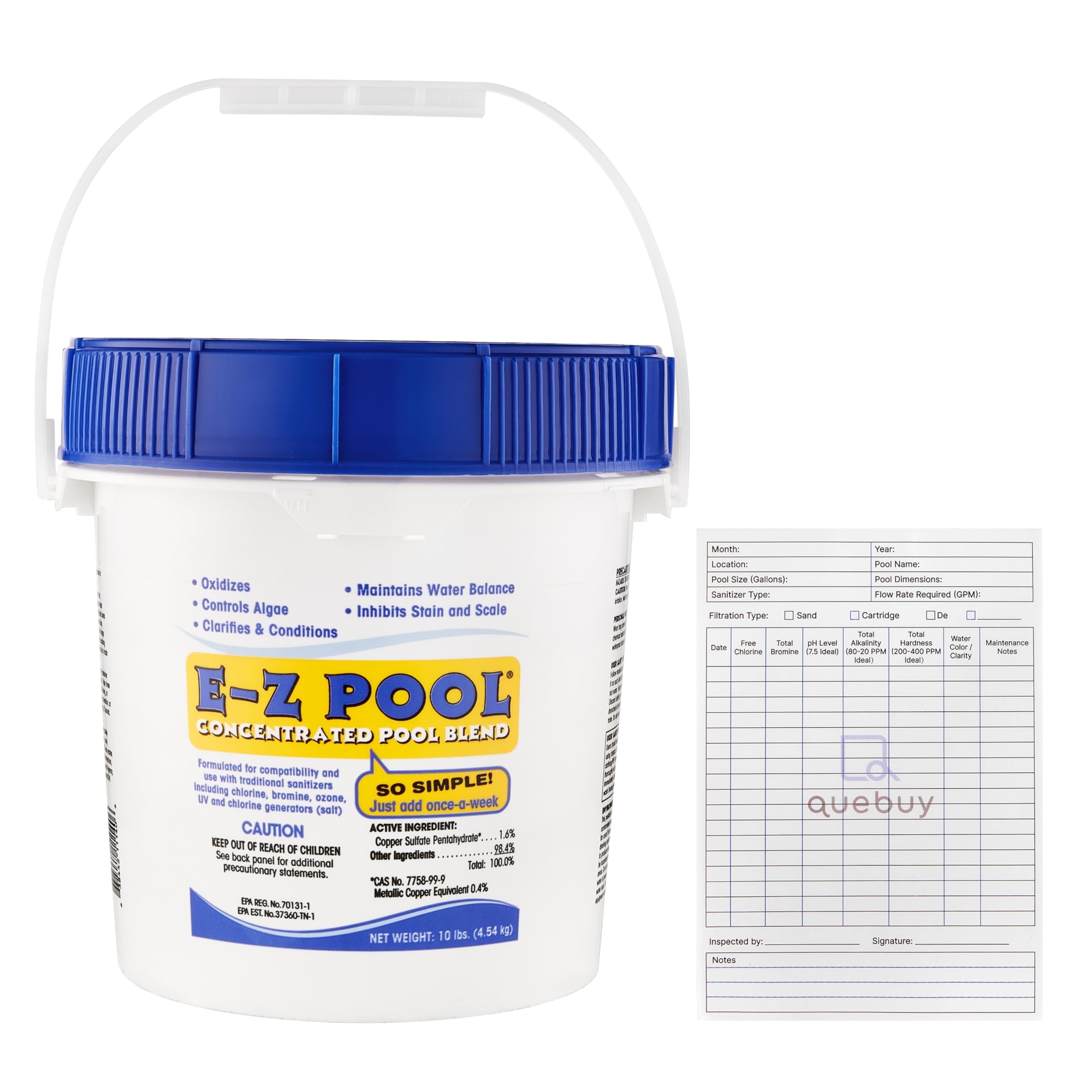E-Z Pool 10 lbs All-in-One Pool Chemical Treatment with QueBuy Pool Maintenance Log Book ...