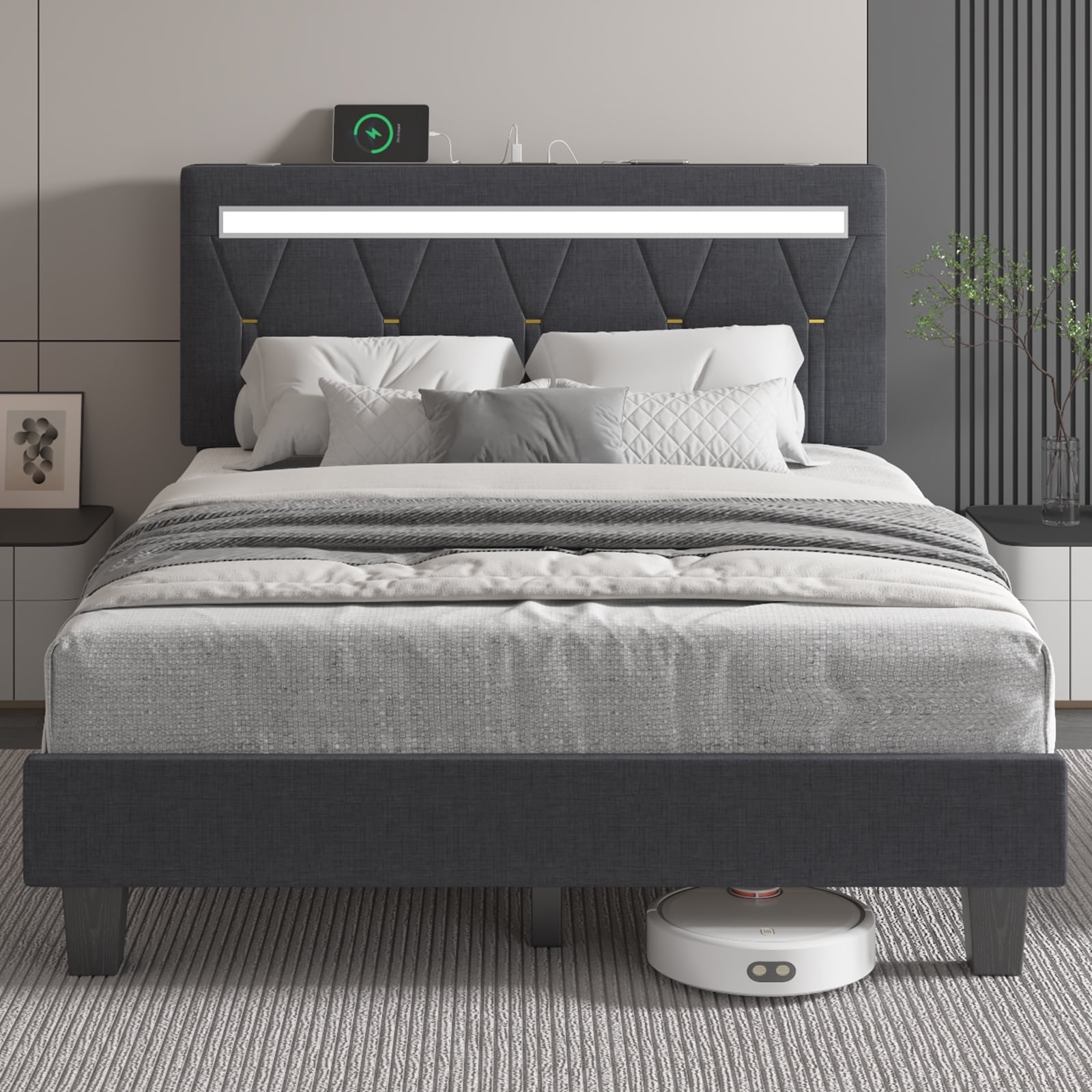E-motie Full Bed Frame with 2 Bluetooth Speakers, Upholstered Platform ...