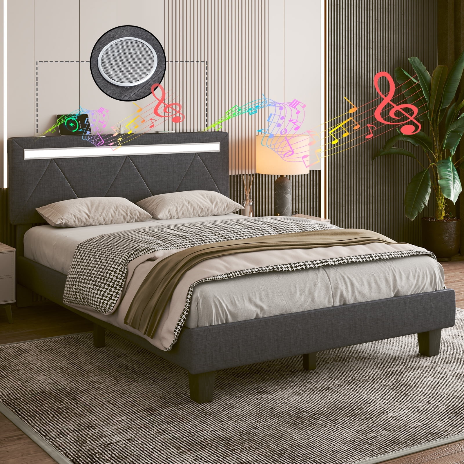 E-motie Full Bed Frame with LED Headboard, Charging Station, Bluetooth ...