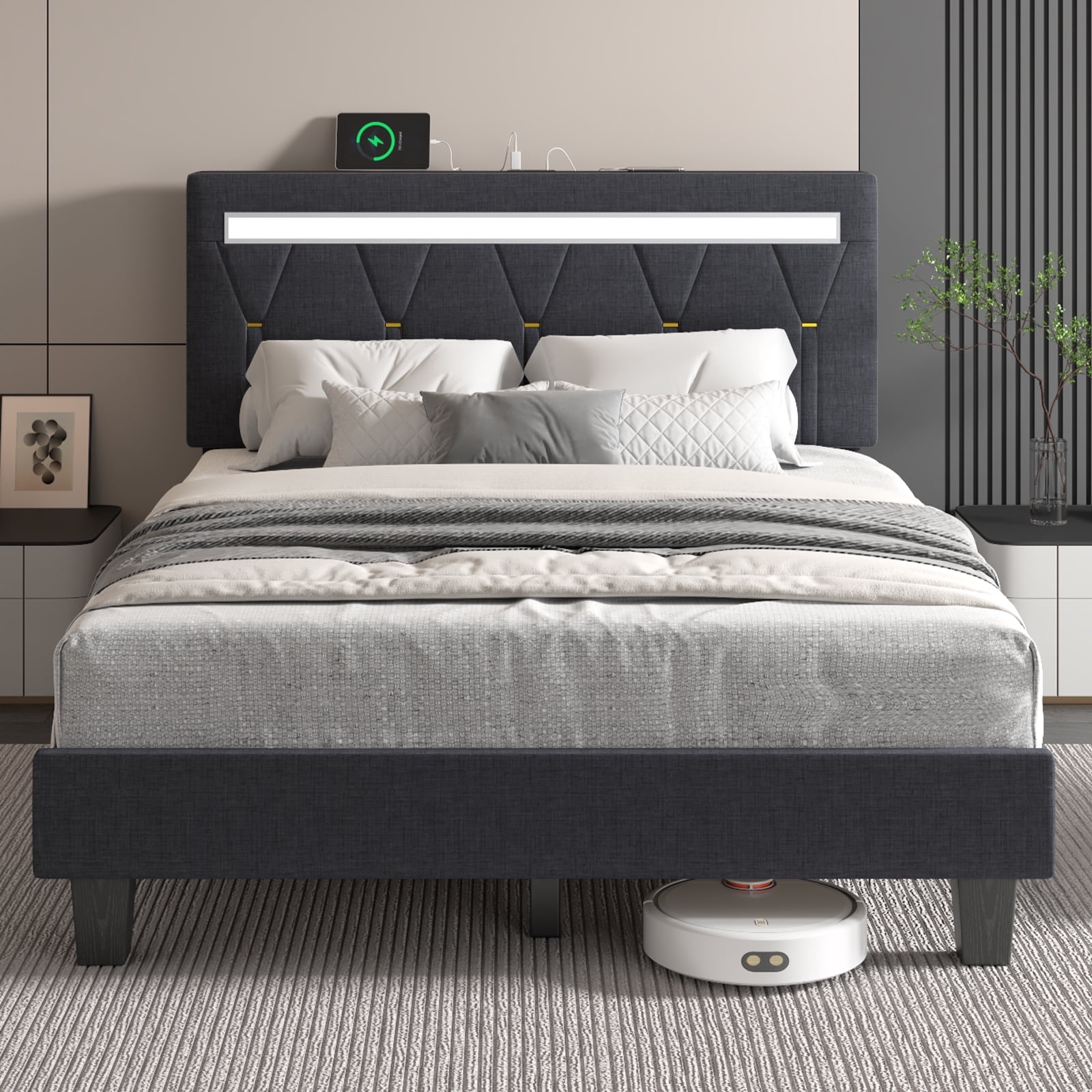 E-motie Full LED Bed with Charging Station, Platform Bed Frame with ...