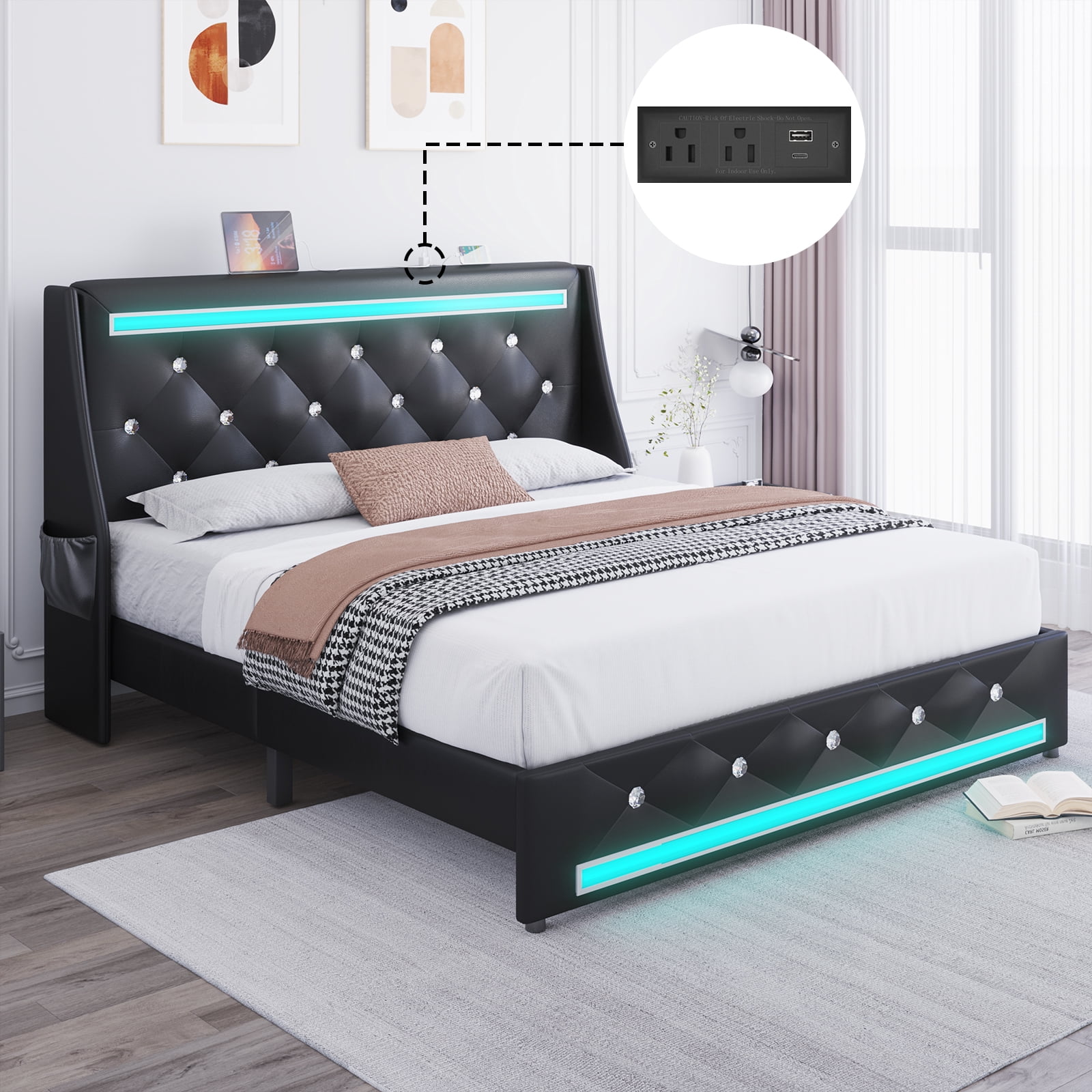 E-motie Full Size Upholstered LED Bed Frame with Outlets and USB Ports ...
