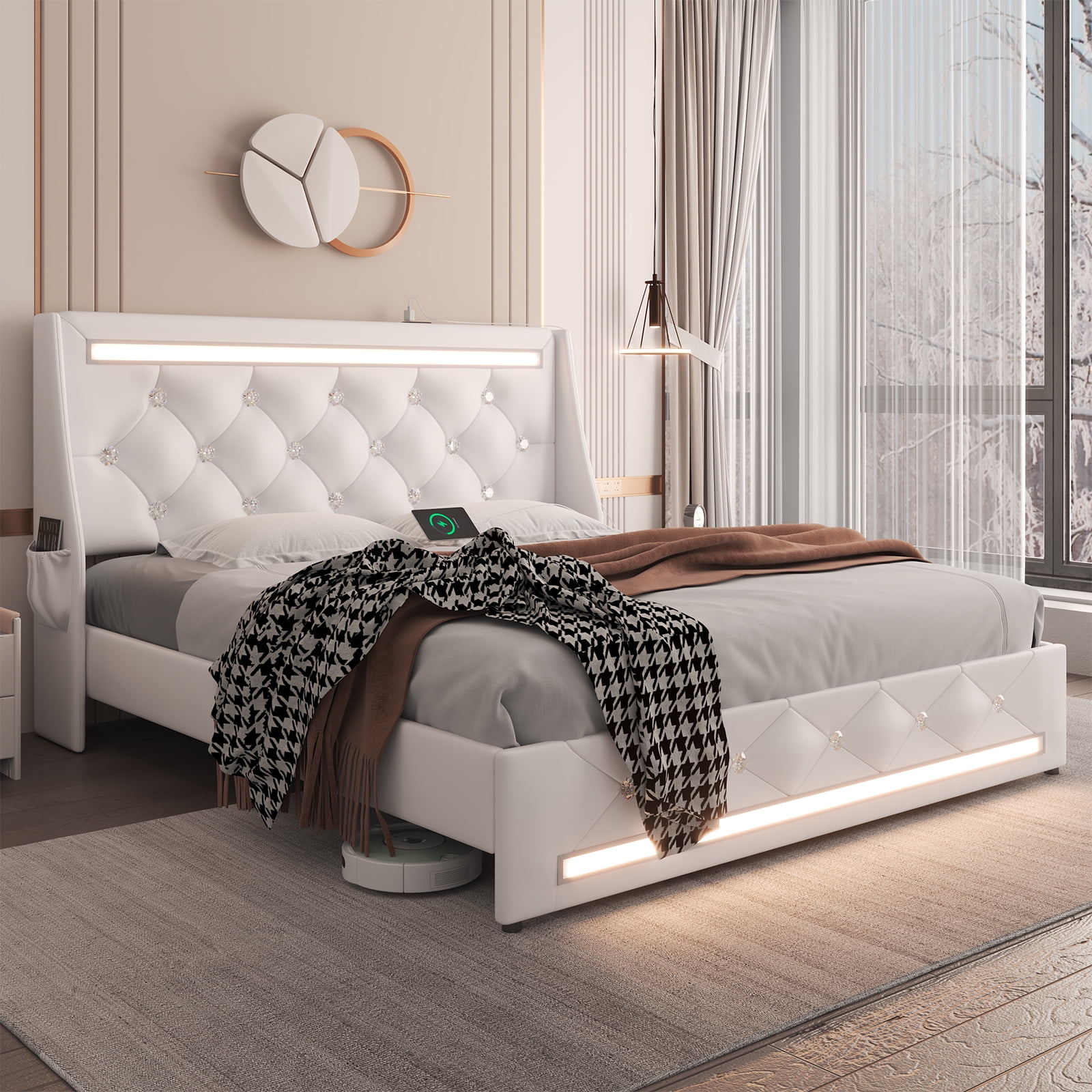E-motie Full Size Upholstered LED Bed Frame with Outlets and USB Ports ...