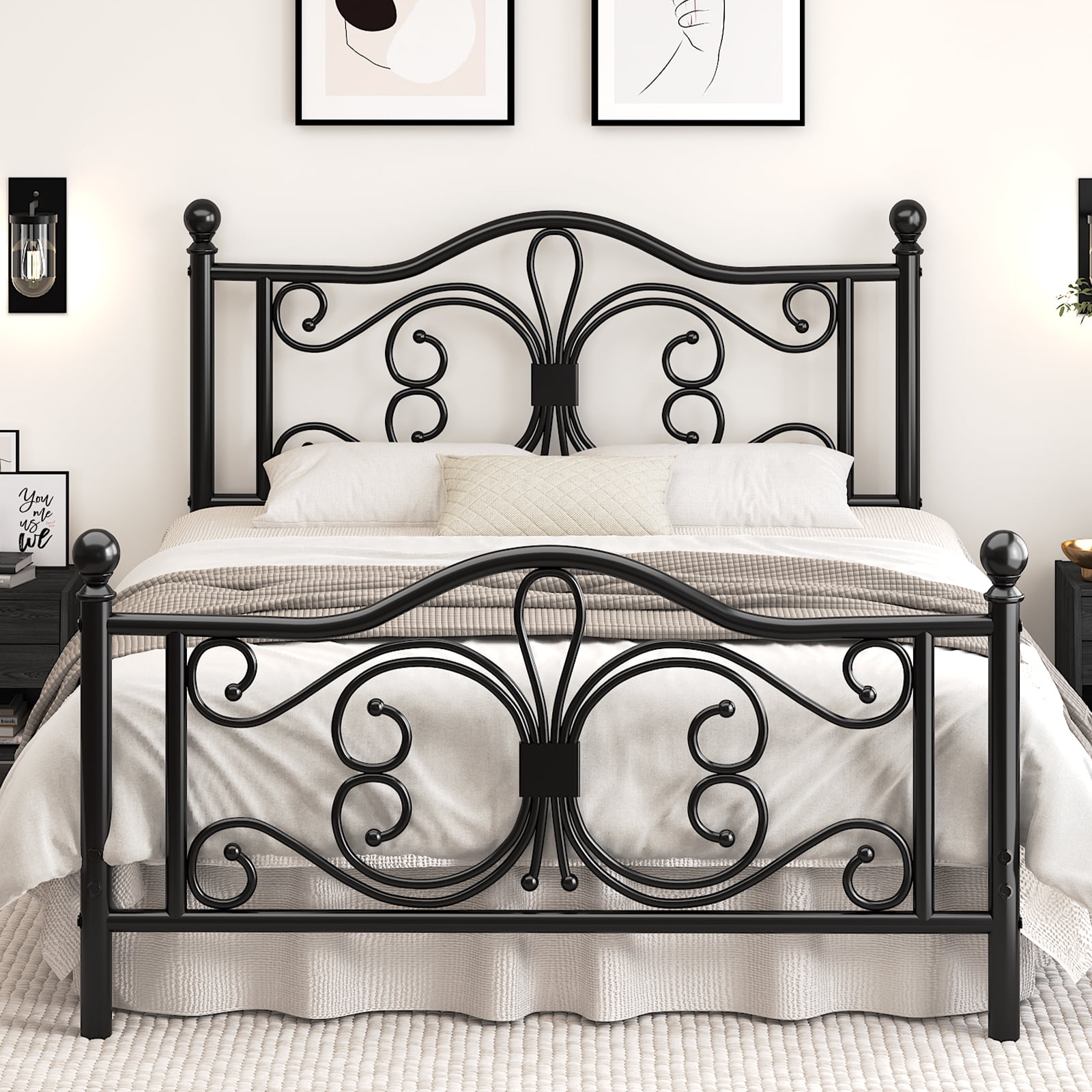 E-motie Metal Platform Bed Frame Full Size with Butterfly Pattern ...