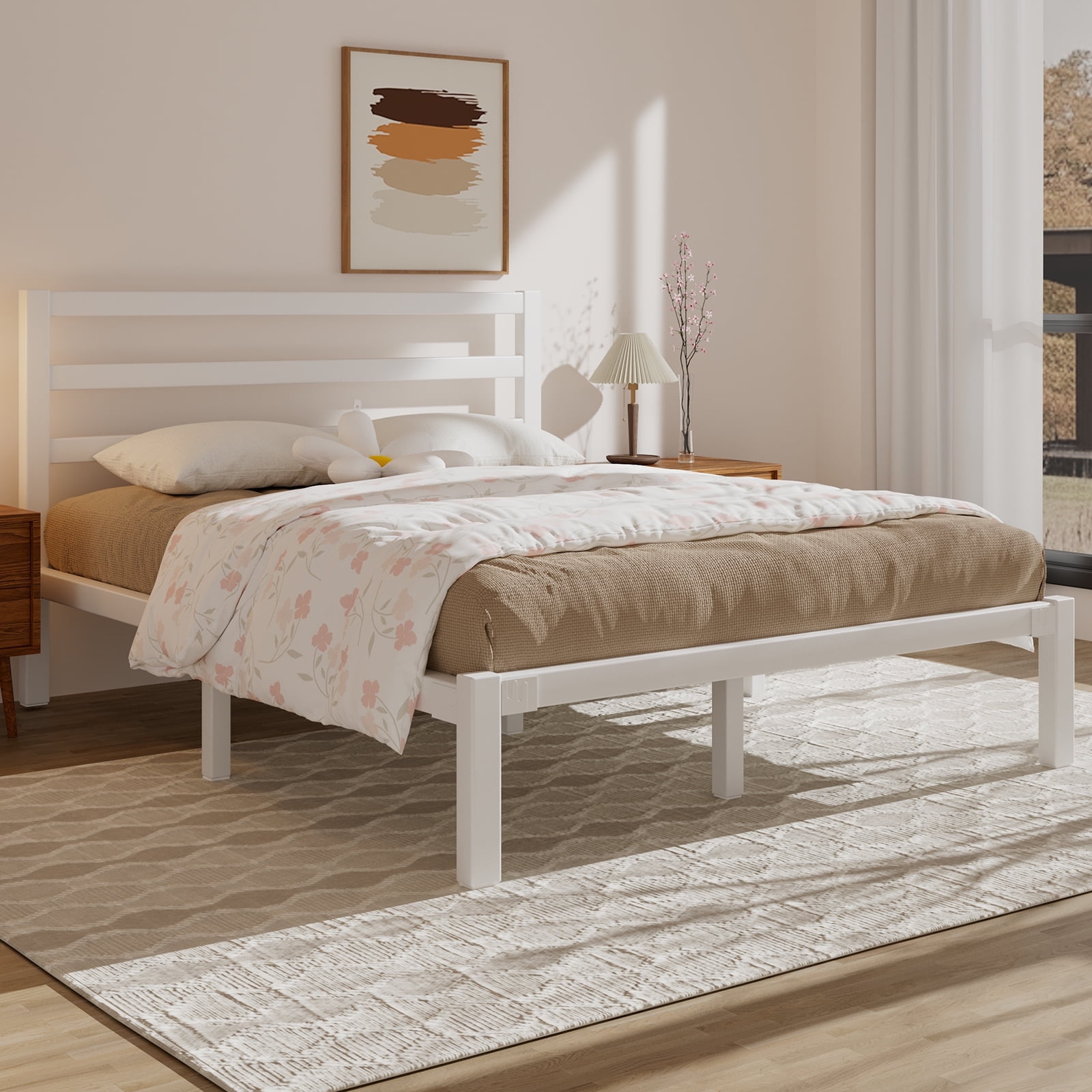 E-motie Full Size Metal Platform Bed Frame with Headboard, Heavy Duty ...