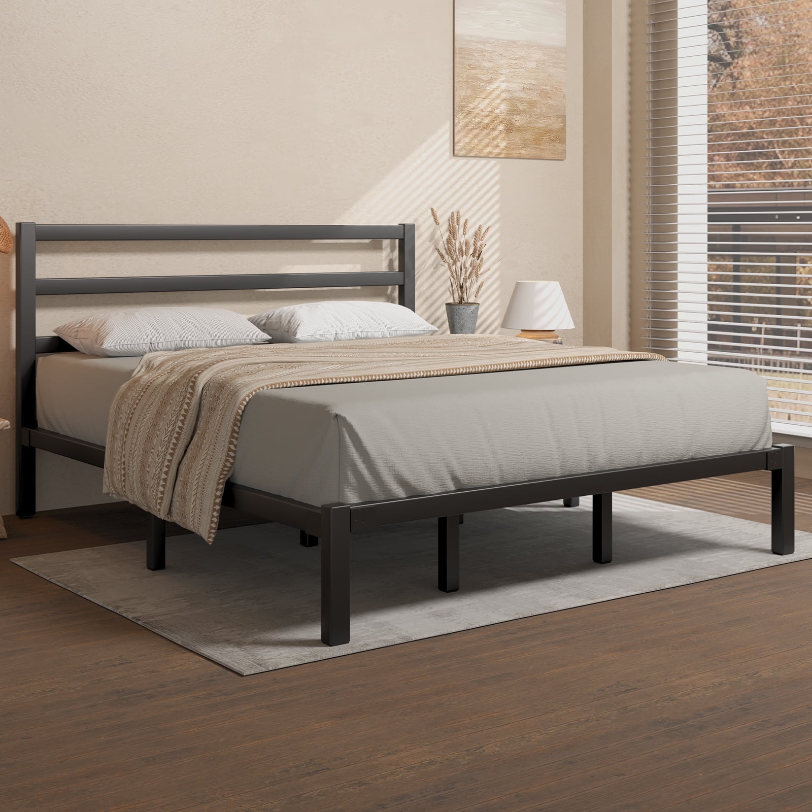 E-motie King Size Metal Platform Bed Frame with Headboard, Heavy Duty ...