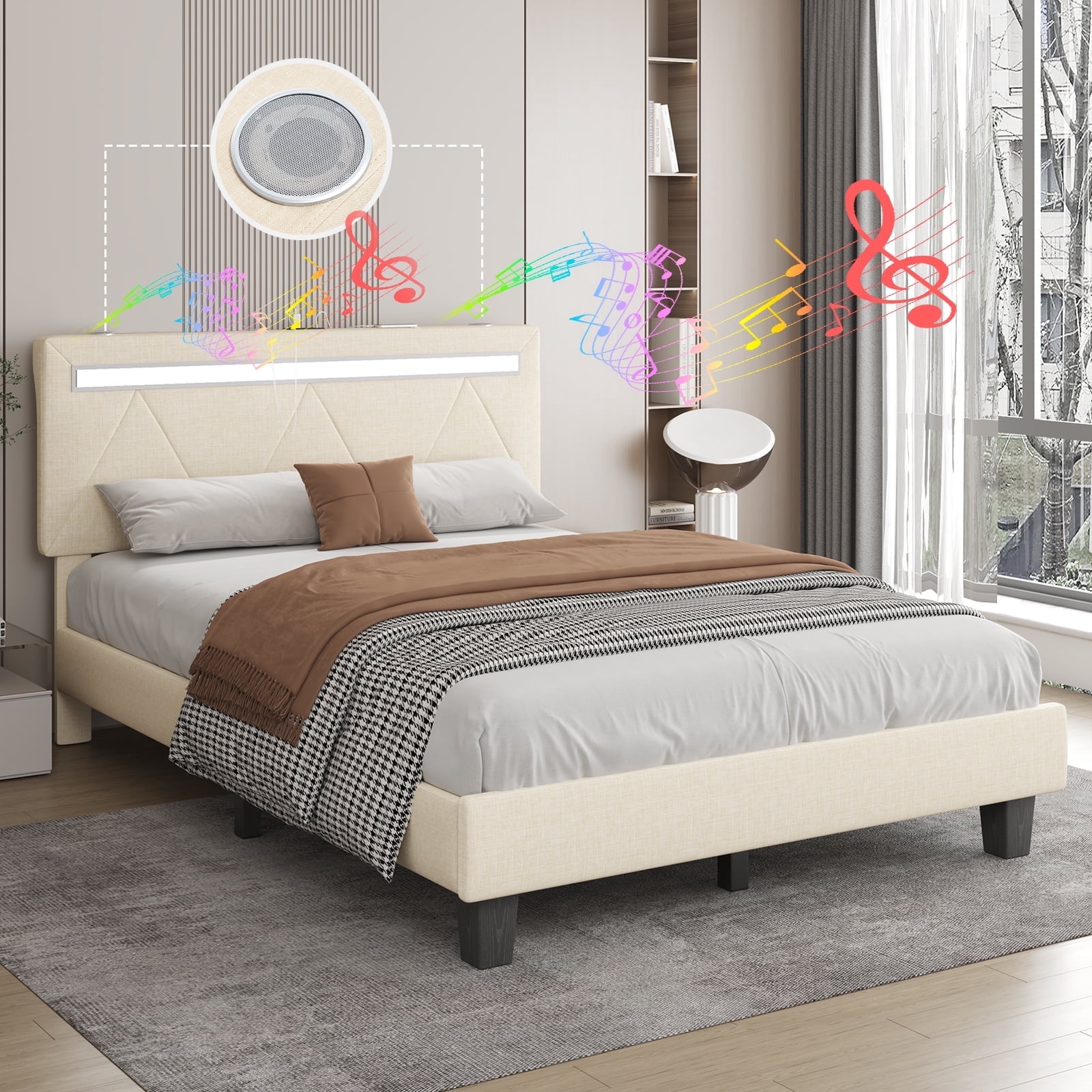 E-motie Queen Bed Frame with LED Headboard, Charging Station, Bluetooth ...