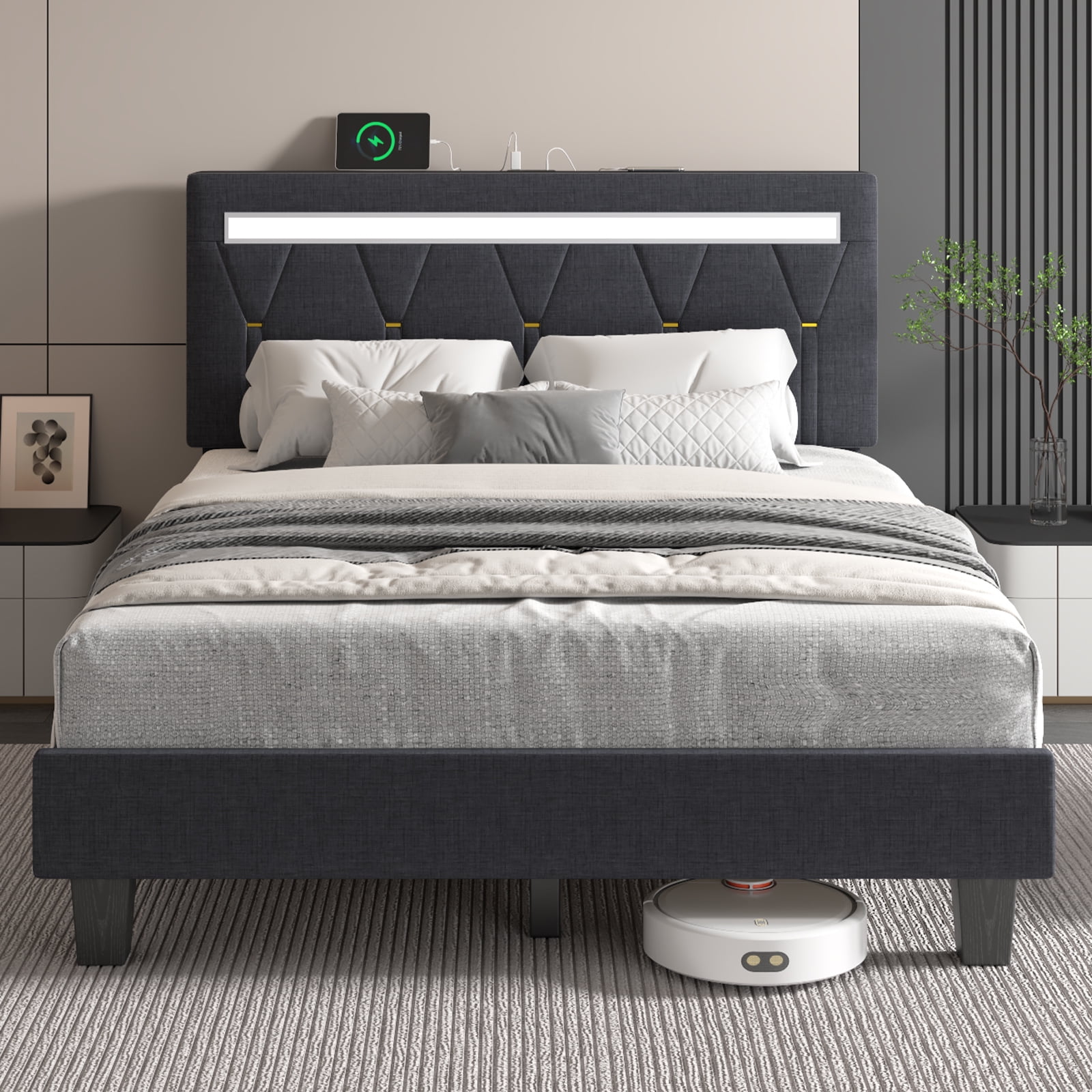 E-motie Queen LED Bed with Charging Station, Platform Bed Frame with ...
