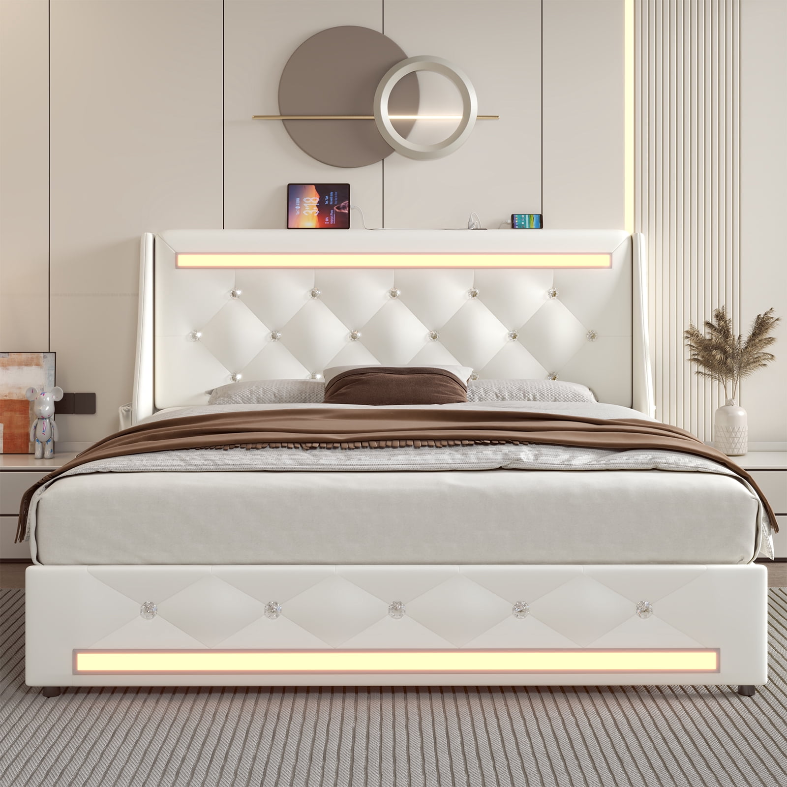 E-motie Queen Size Upholstered LED Bed Frame with Outlets and USB Ports ...