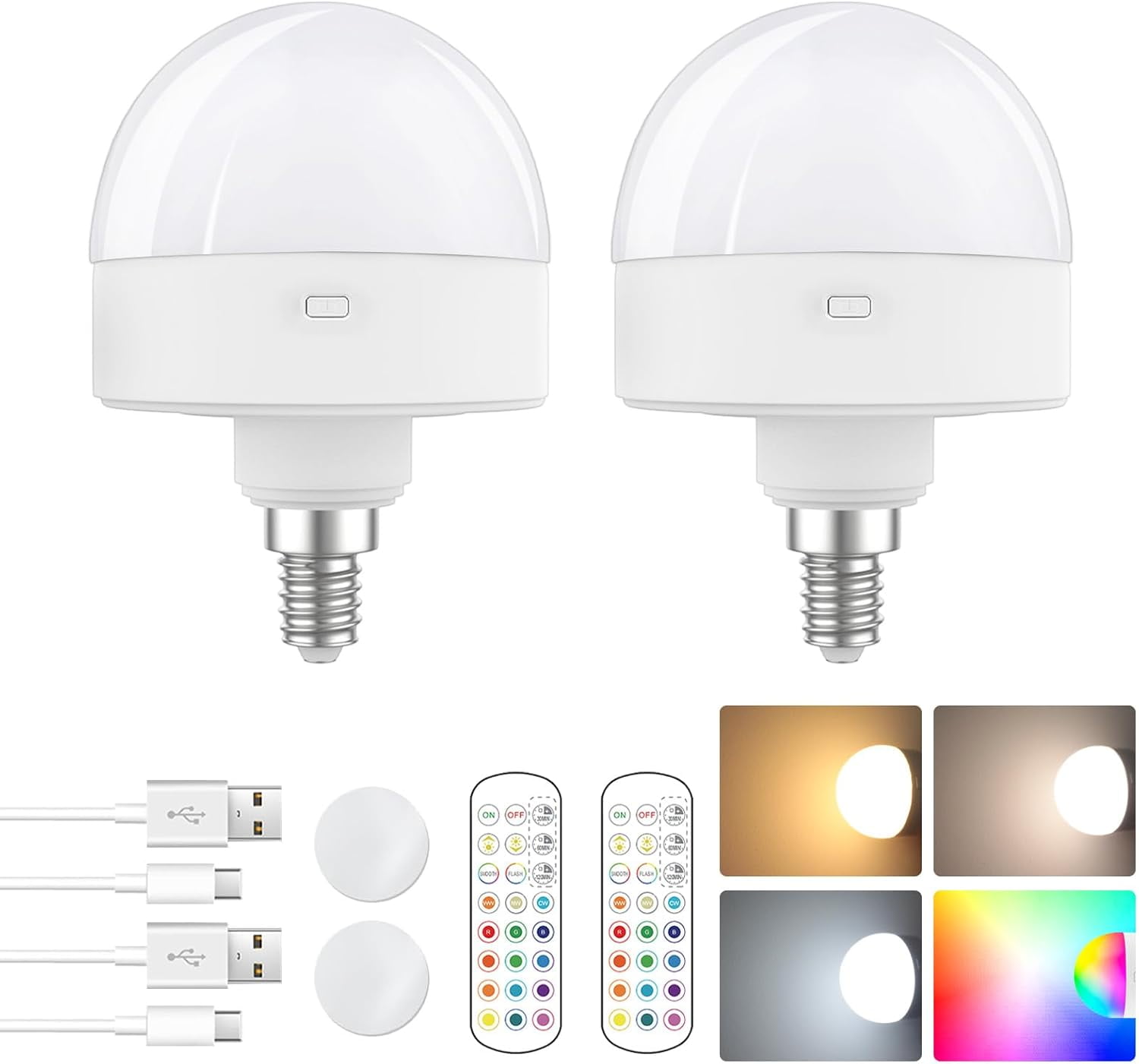 E12 Rechargeable Light Bulb with Remote Control Timer and 15 Colors ...
