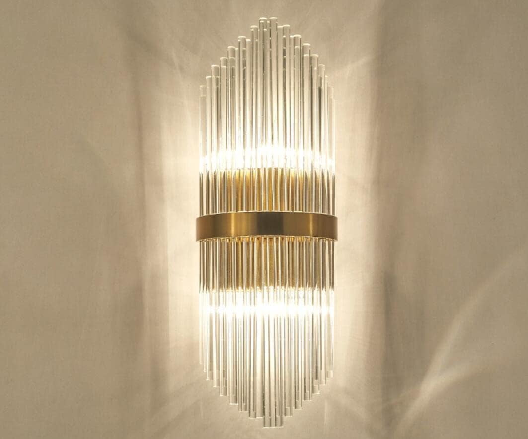 E14 Crystal Gold Wall Sconce, Crystal Glass Rod Lampshade Mid Century ...