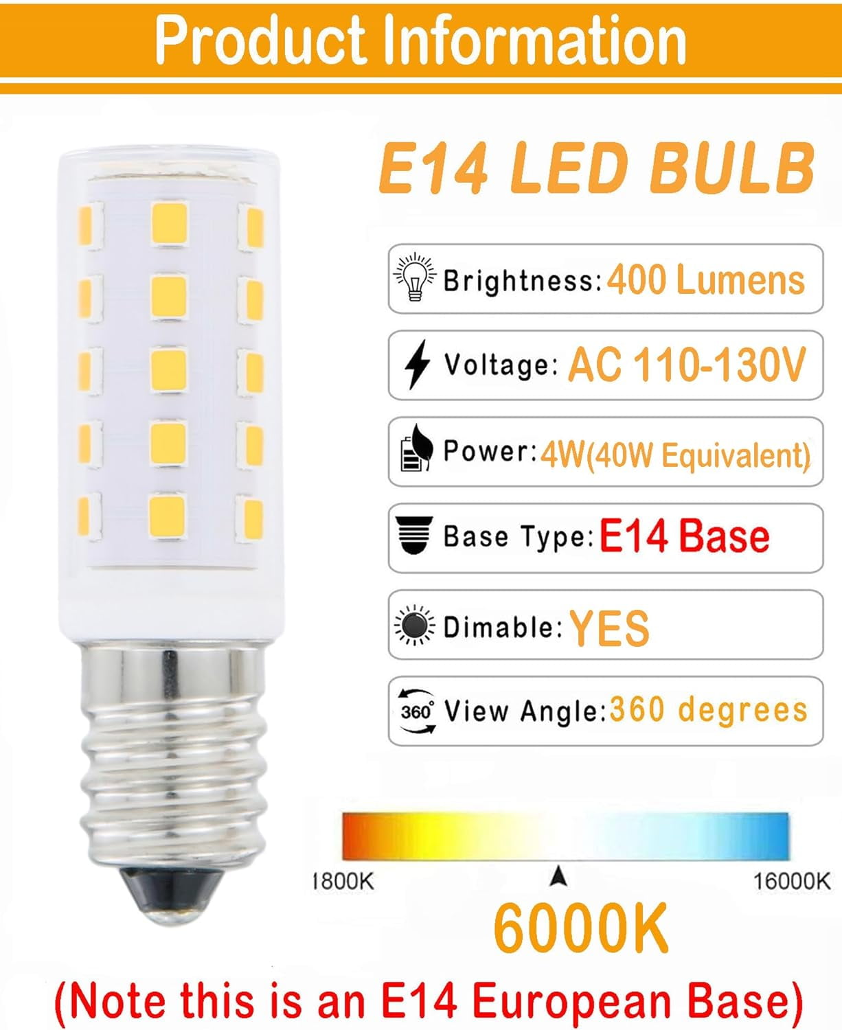E14 Led Bulb 120V 4W Daylight White 6000K Dimmable,E14 European Base ...