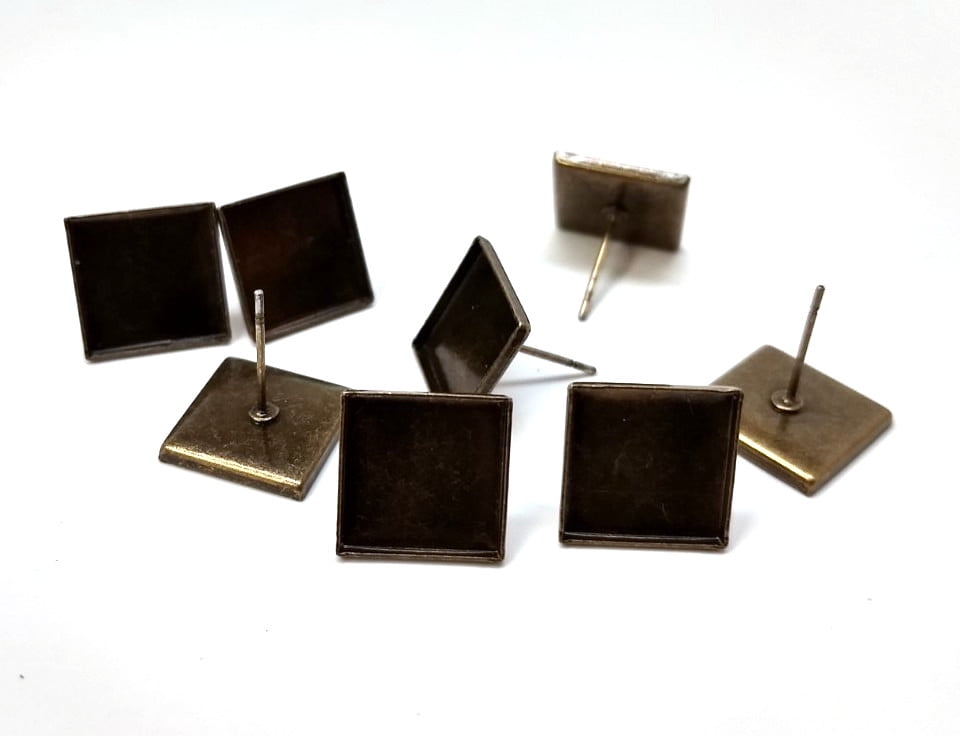 E143 - 10 pcs. Antique Bronze Square Earring Posts Studs Settings Bezels Cabochons Tacks- 12mm x ...