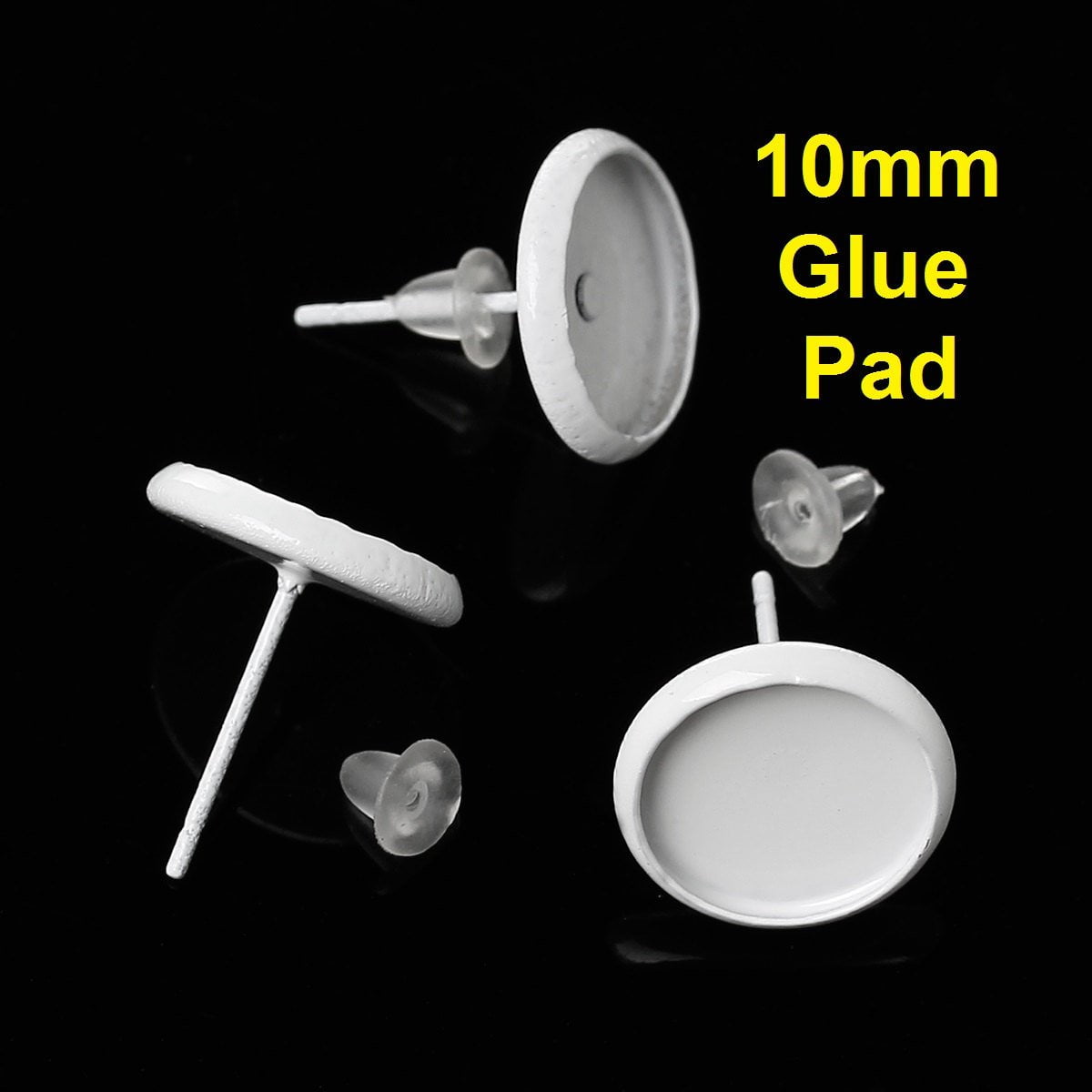 E154 - 50 pcs. White Earring Posts Studs Settings Bezels Cabochons Tacks- 10mm Glue Pad Setting ...