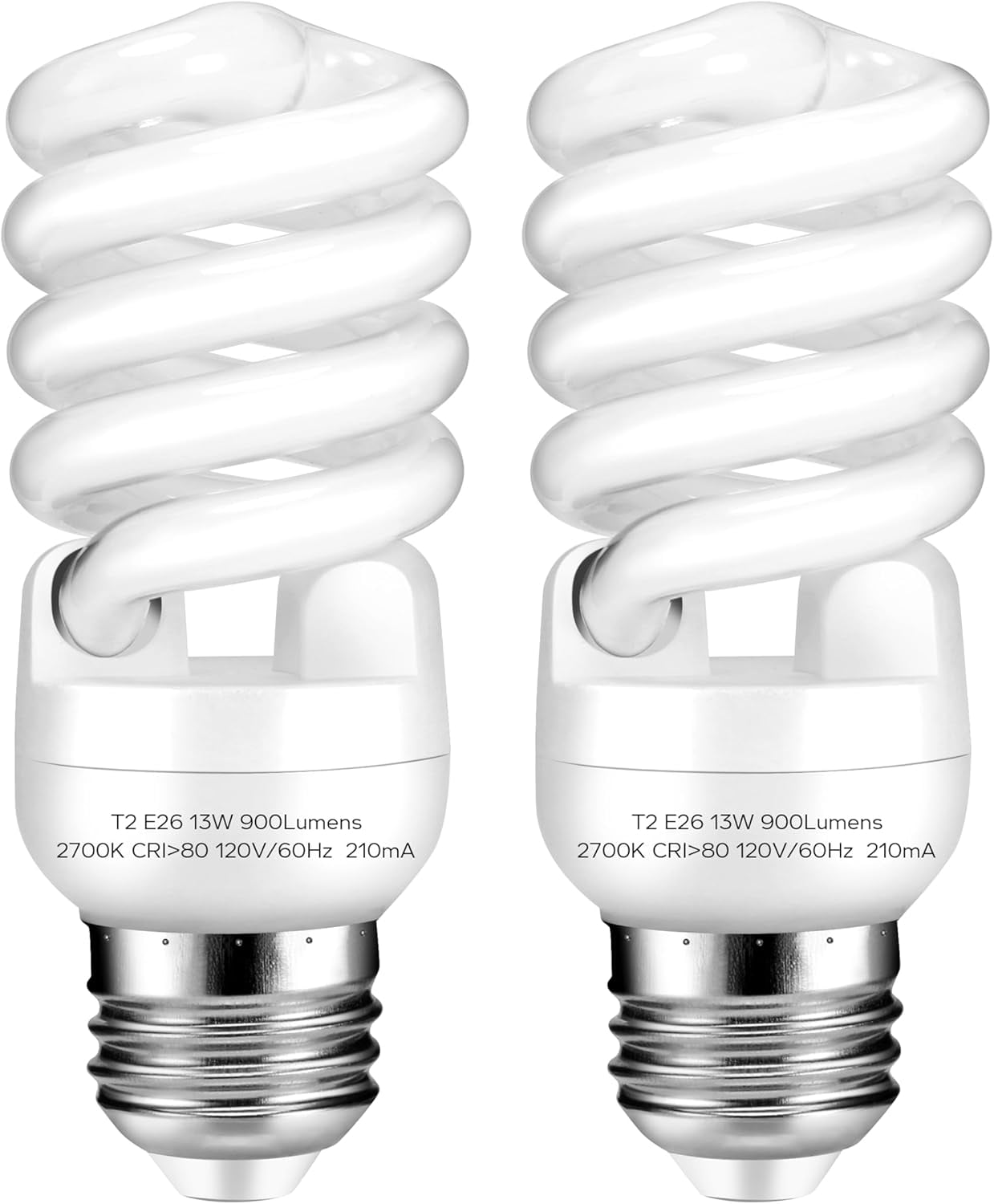 E26 Base 13W 2700K 900lm CFL Light Bulbs, T2 Spiral (60Watt Equivalent ...