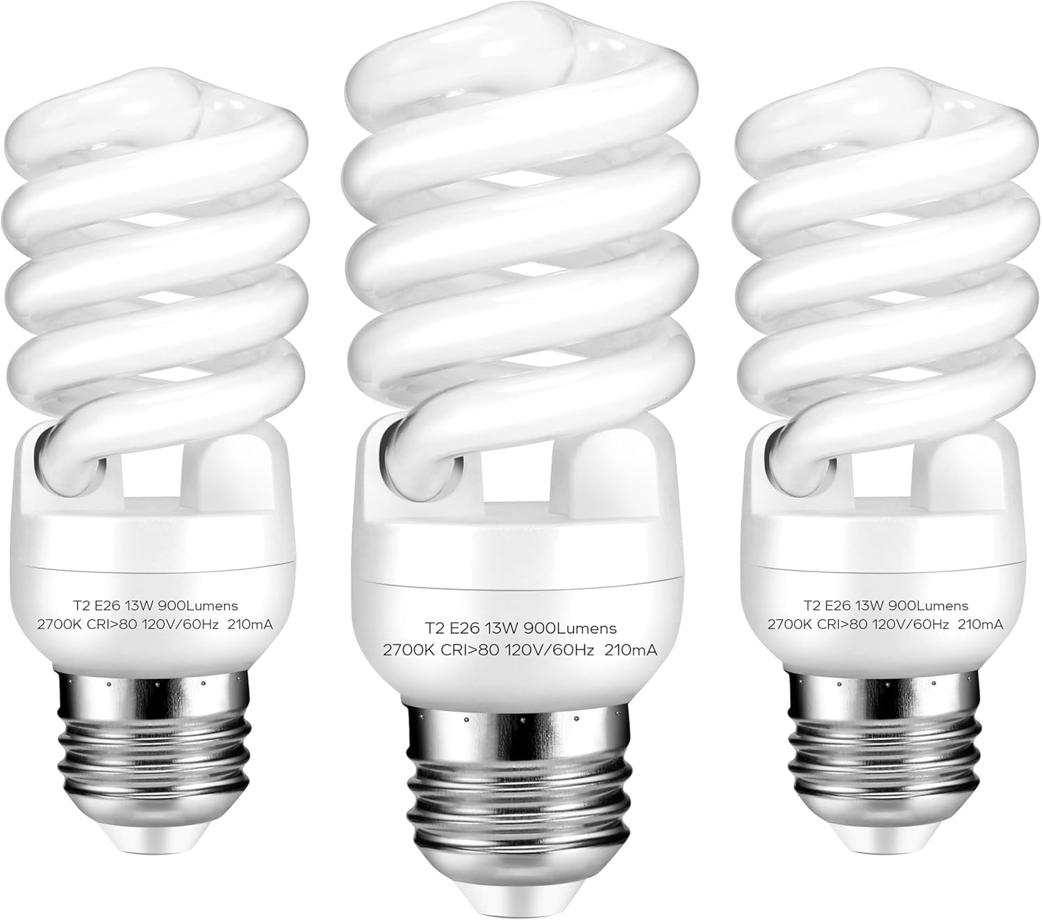 E26 Base 13W 2700K 900lm CFL Light Bulbs, T2 Spiral (60Watt Equivalent ...