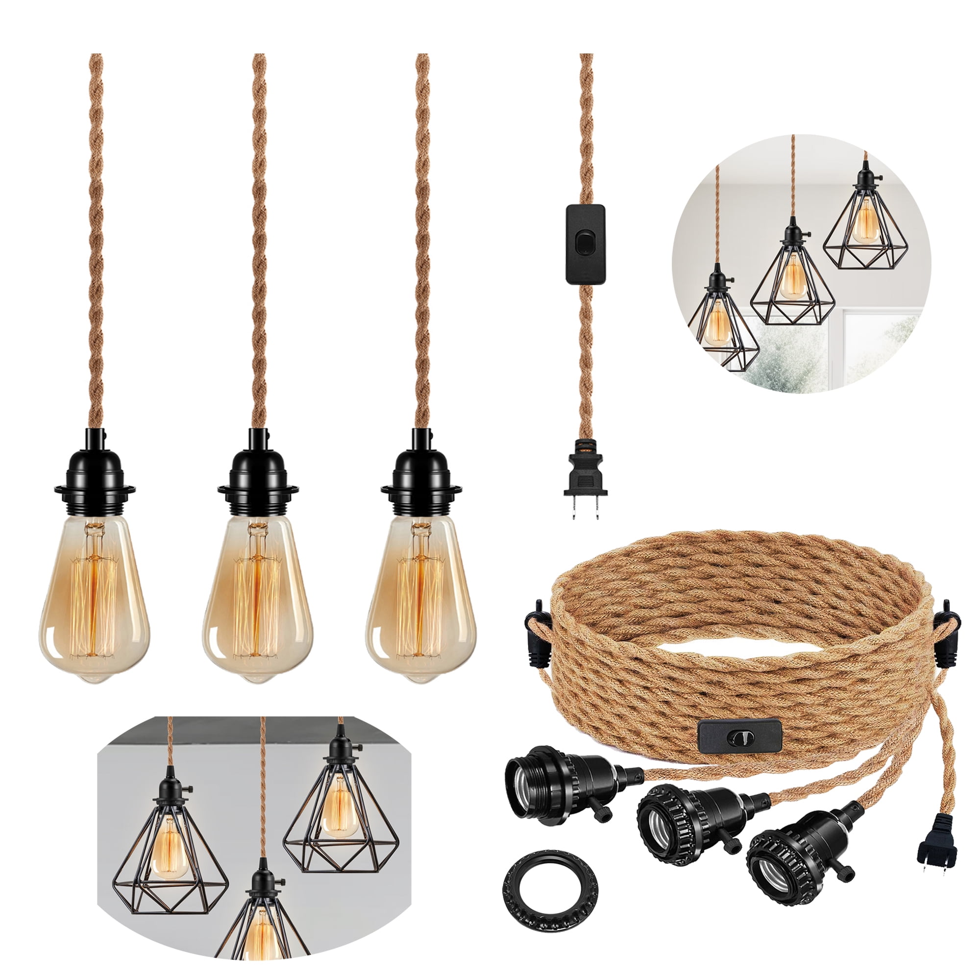 E26/E27 Cable DITriple Pendant Light,Cord Kit with Independent Switch ...