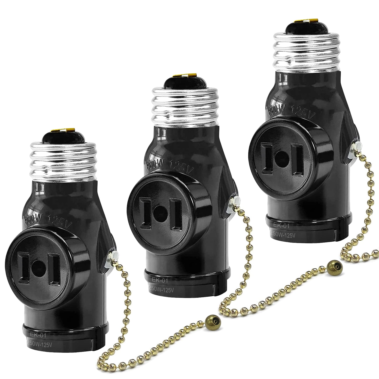 E26 Light Socket to 2-Prong Outlet Adapter with Pull Chain, for Ceiling ...