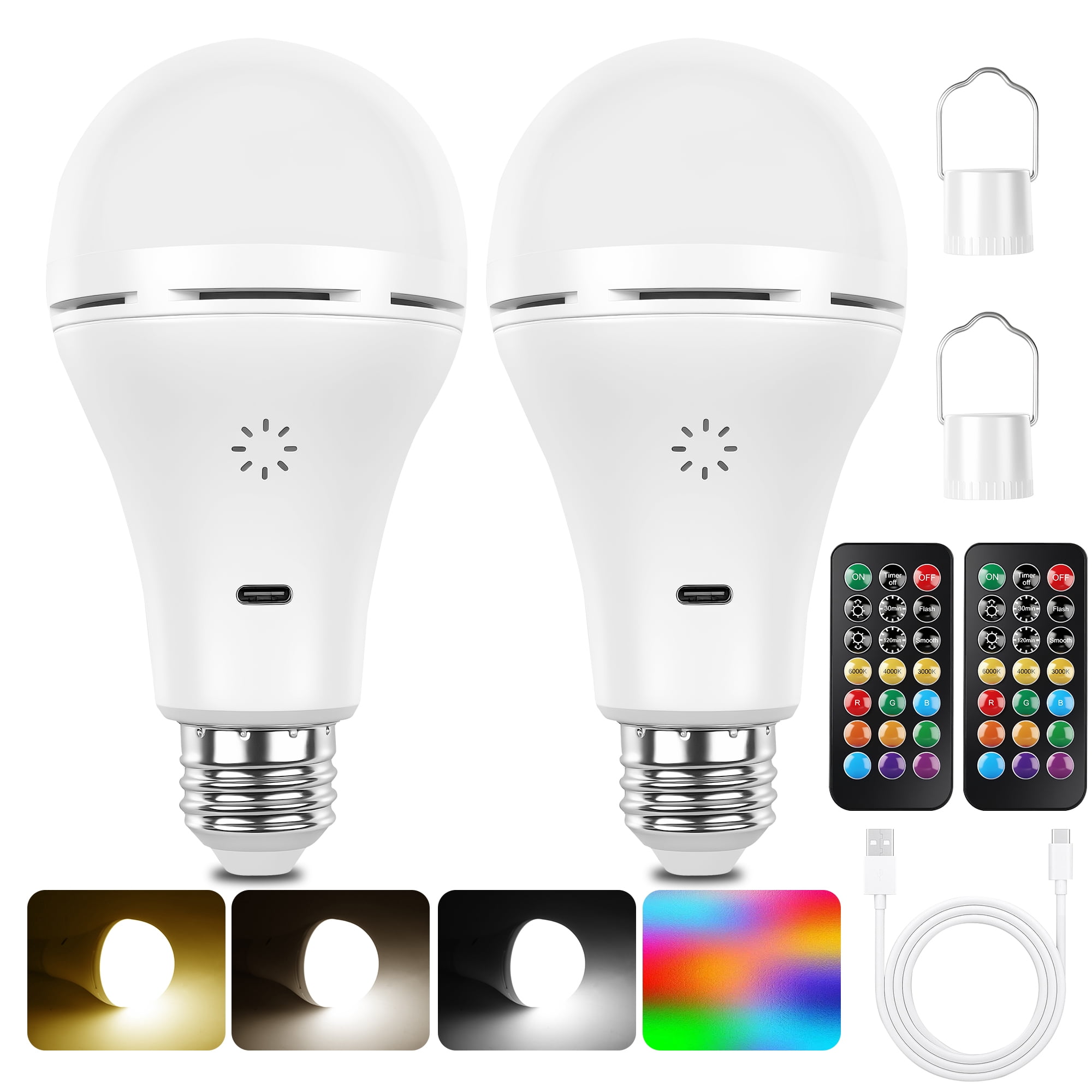 E26 Rechargeable Light Bulb with Remote and Timer, Battery Backup Bulb ...