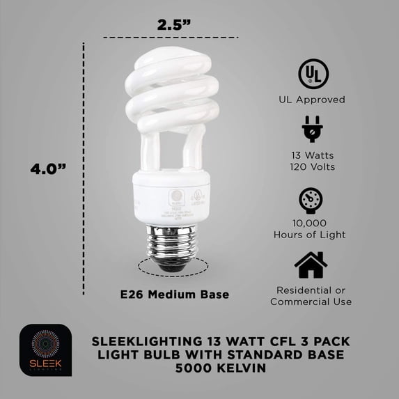 E26 Standard Screw Base 13Watt CFL Light Bulb - 3 Pack, 5000 Kelvin for ...