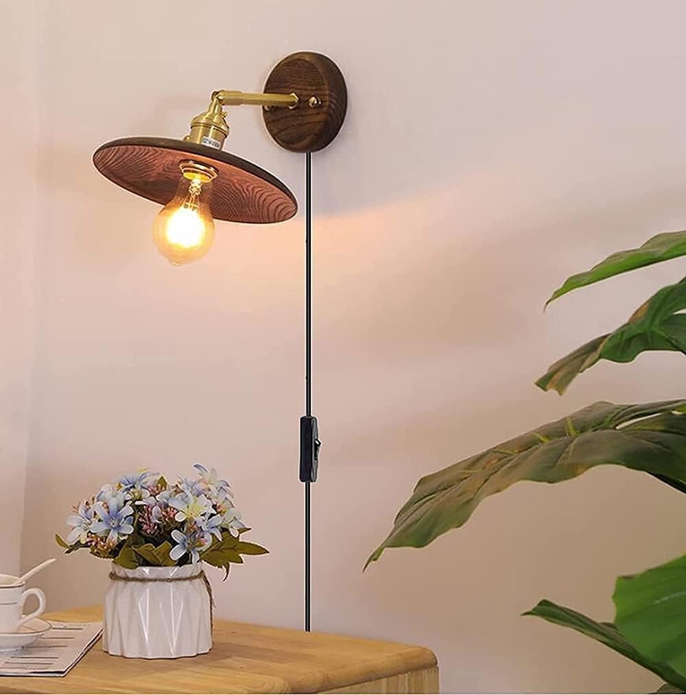 E27 Antique Brass Wall Lamp with Plug, Adjustable Wall Lighting Vintage ...